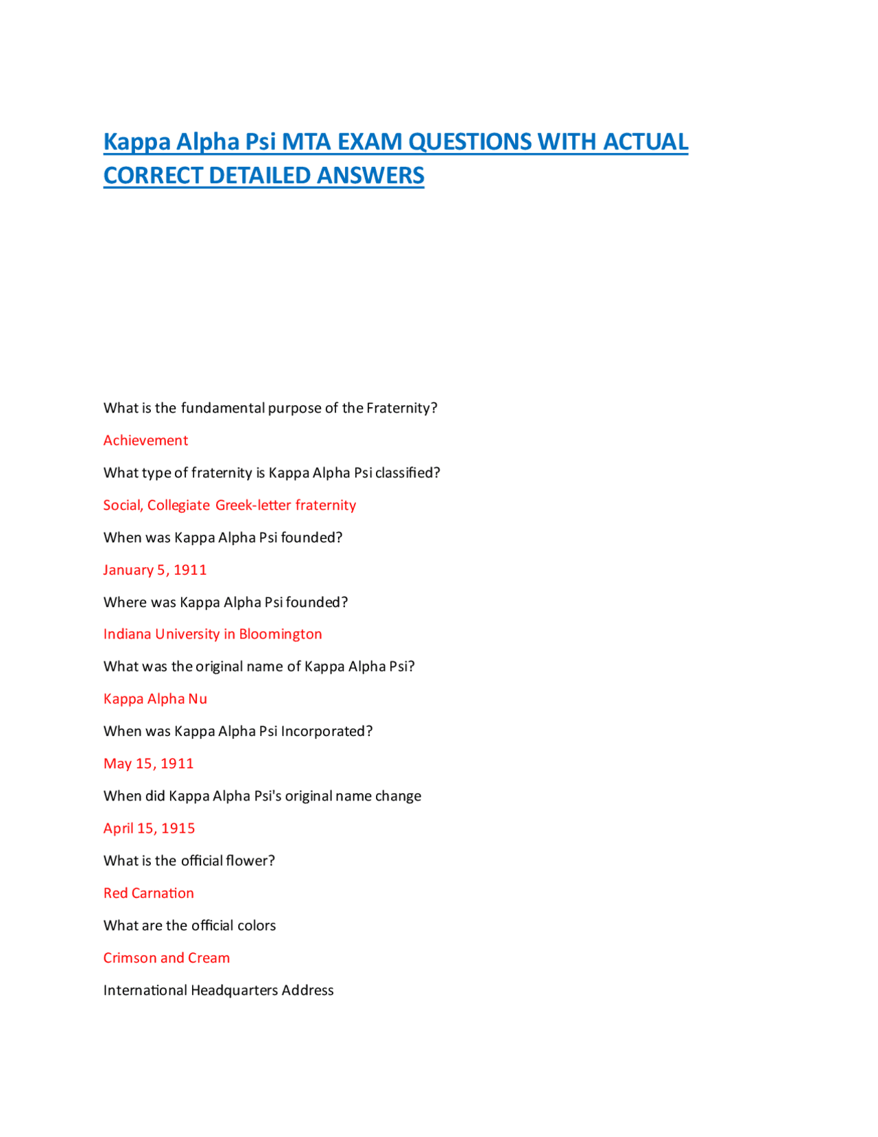Kappa Alpha Psi MTA EXAM QUESTIONS WITH ACTUAL CORRECT DETAILED ANSWERS ...