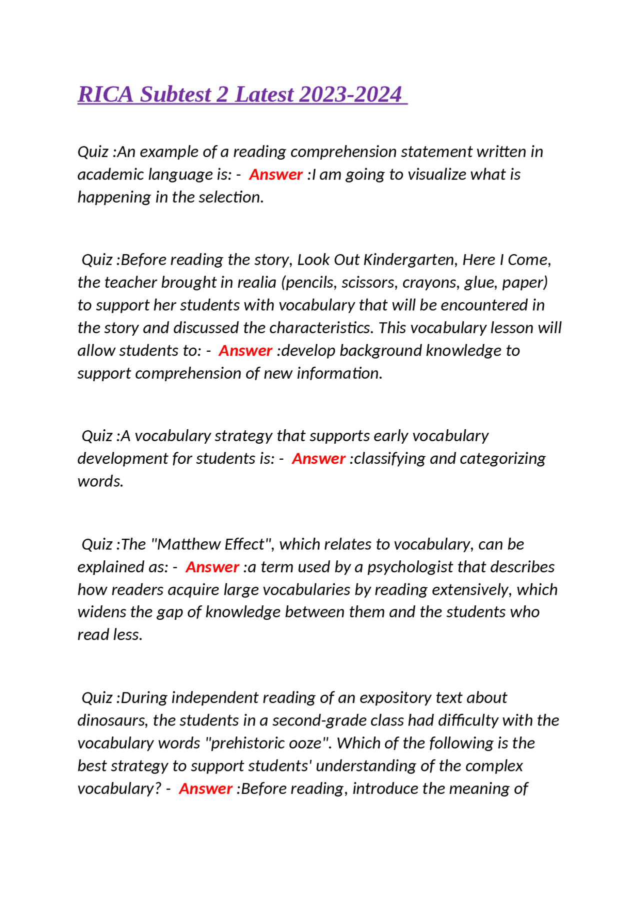 Reading Comprehension Quiz: RICA Subtest 2 | Exams Public Health | Docsity
