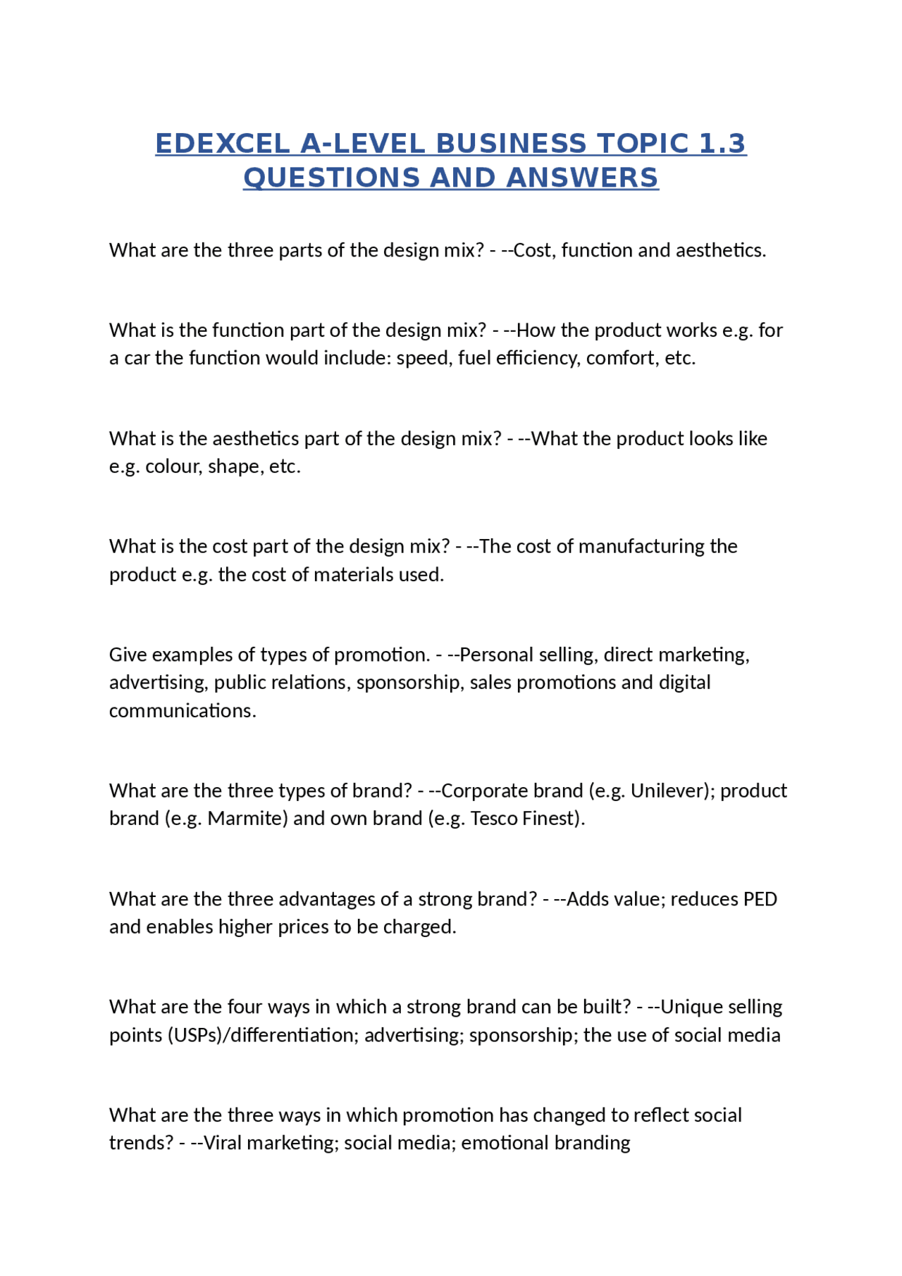 EDEXCEL A-LEVEL BUSINESS TOPIC 1.3 QUESTIONS AND ANSWERS | Exams ...