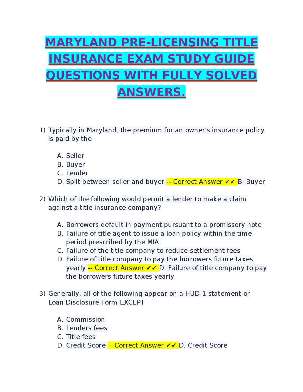 Maryland Pre-Licensing Title Insurance Exam Study Guide | Exams ...