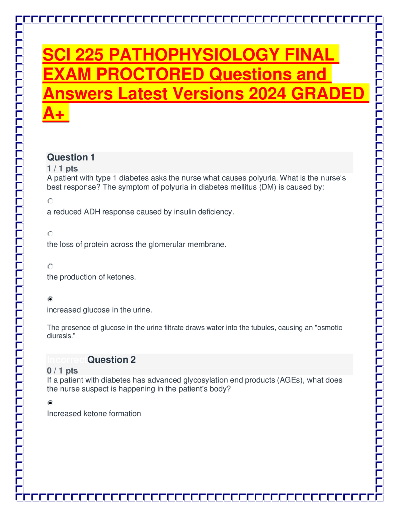 SCI 225 Pathophysiology Final Exam Proctored Questions and Answers | Exams Nursing | Docsity