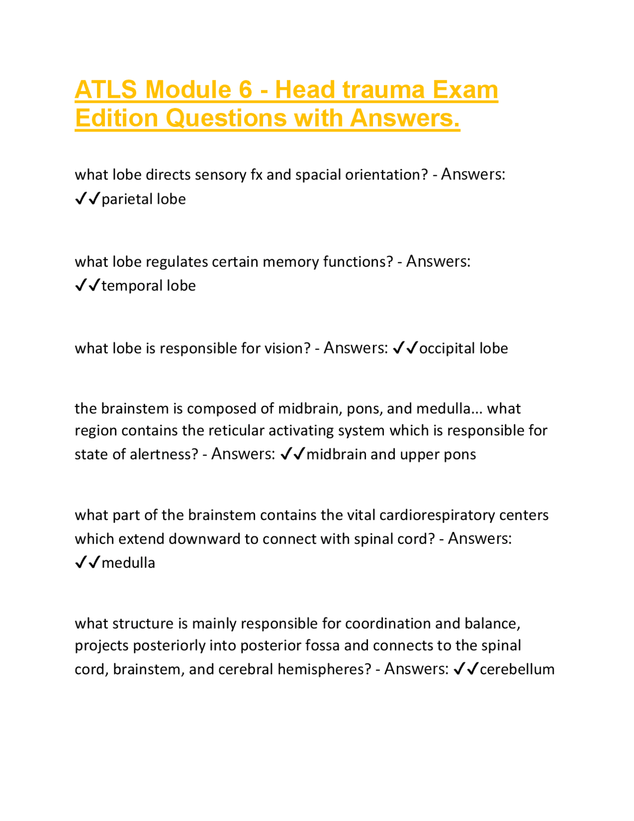 ATLS Module 6 - Head Trauma Exam: Questions and Answers | Exams Nursing ...