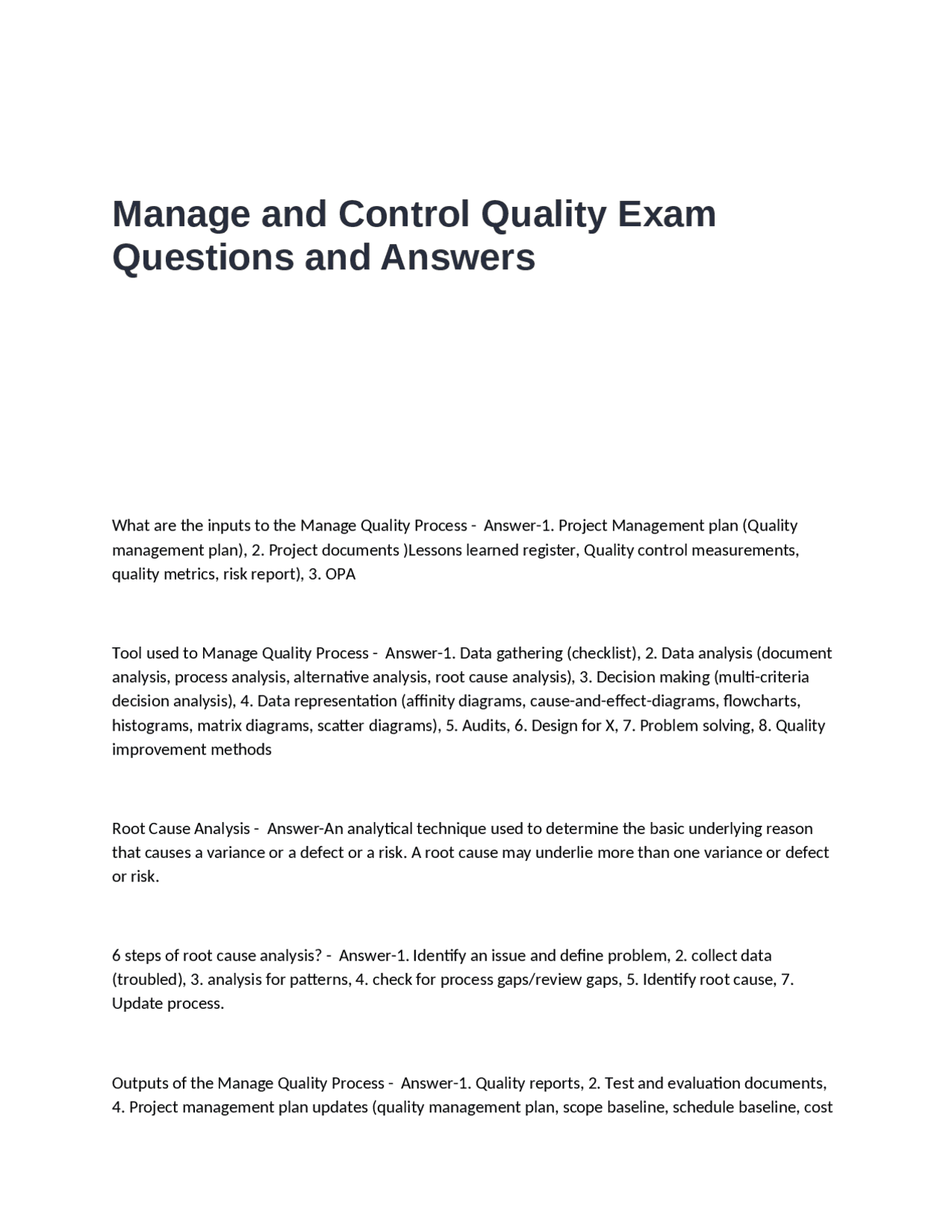 Manage and Control Quality Exam Questions and Answers | Exams Nursing ...