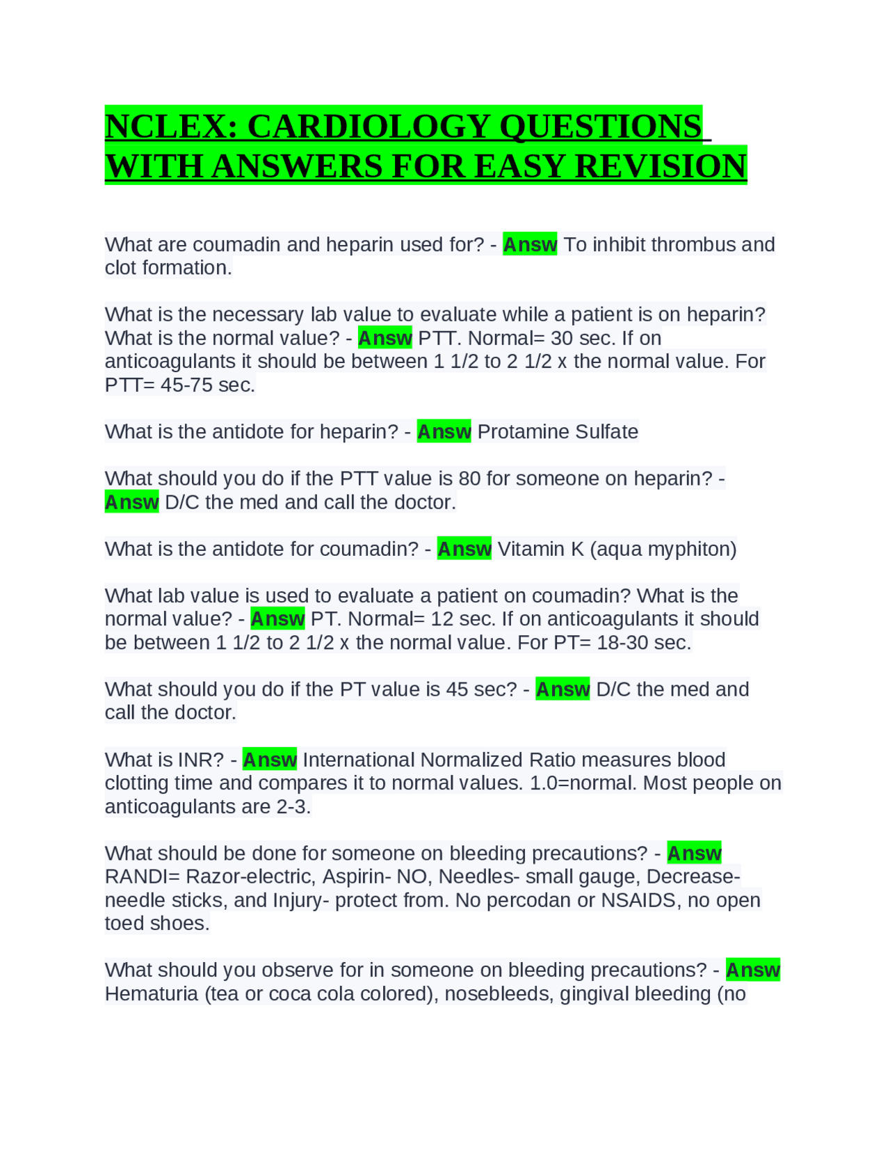 NCLEX: CARDIOLOGY QUESTIONS WITH ANSWERS FOR EASY REVISION | Exams ...