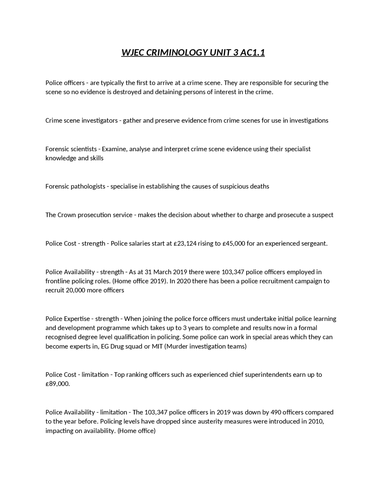 WJEC Criminology Unit 3 AC1.1: Roles and Responsibilities in the ...