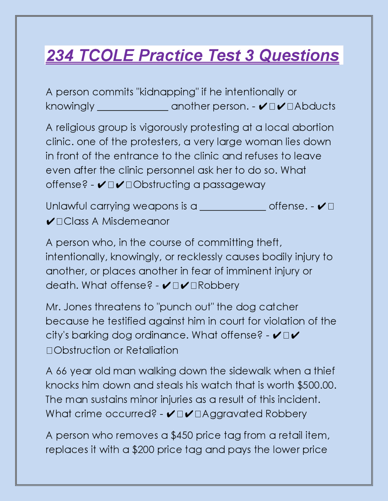 234 TCOLE Practice Test 3 Questions With Correct Answers | Exams Law ...