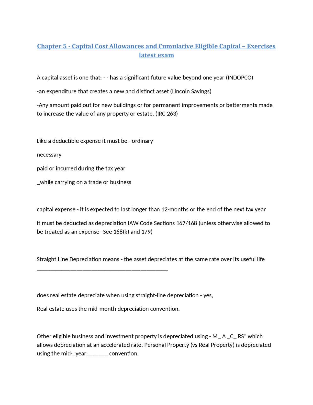 Capital Cost Allowances and Cumulative Eligible Capital - Exercises ...