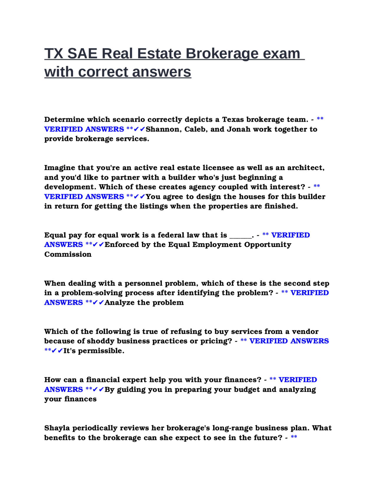 TX SAE Real Estate Brokerage exam with correct answers | Exams Real ...