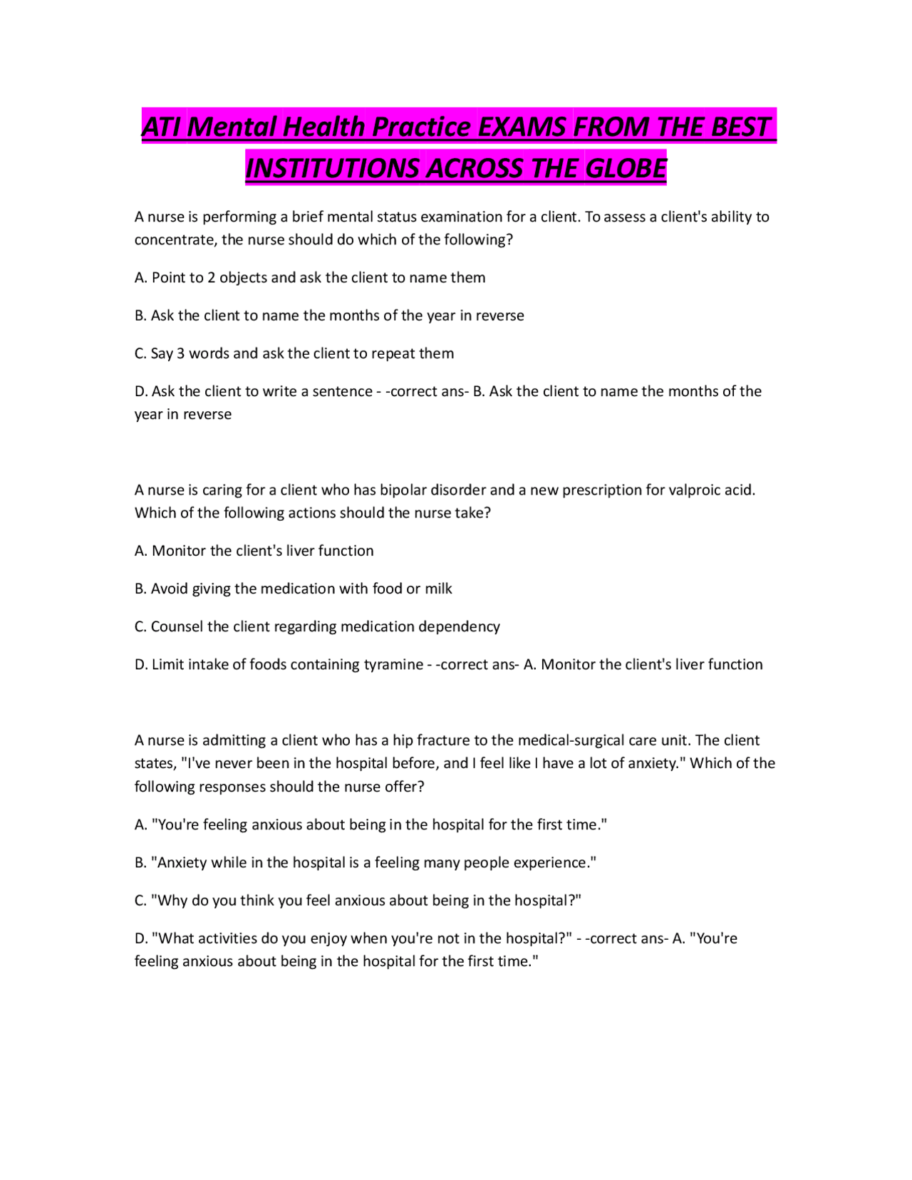 Mental Health Nursing Practice Exam Questions and Answers | Exams ...