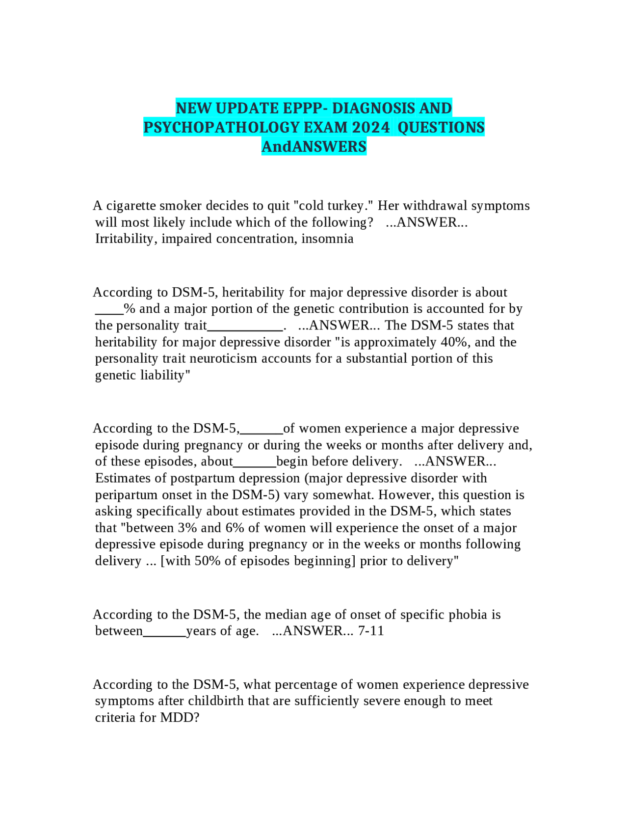 Eppp Exam 2024 Diagnosis And Psychopathology Questions And Answers