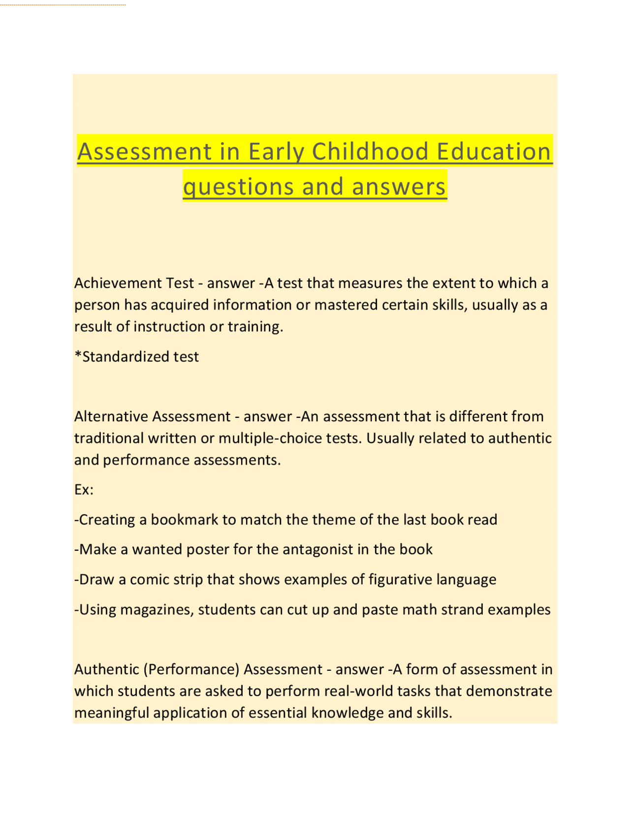Assessment in Early Childhood Education: Definitions and Examples | Exams Nursing | Docsity