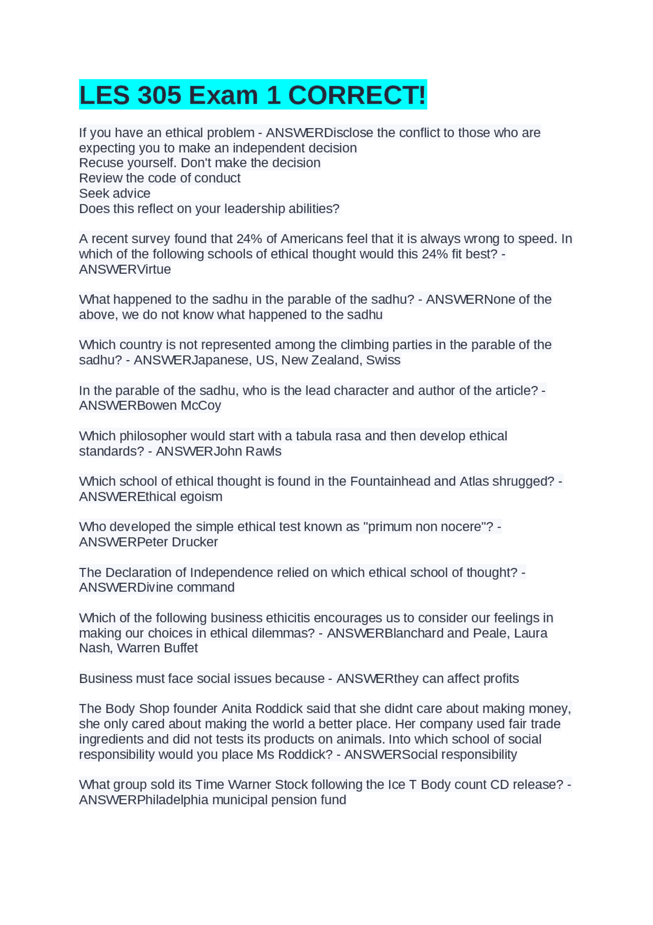 Business Ethics Exam Questions and Answers | Exams Nursing | Docsity