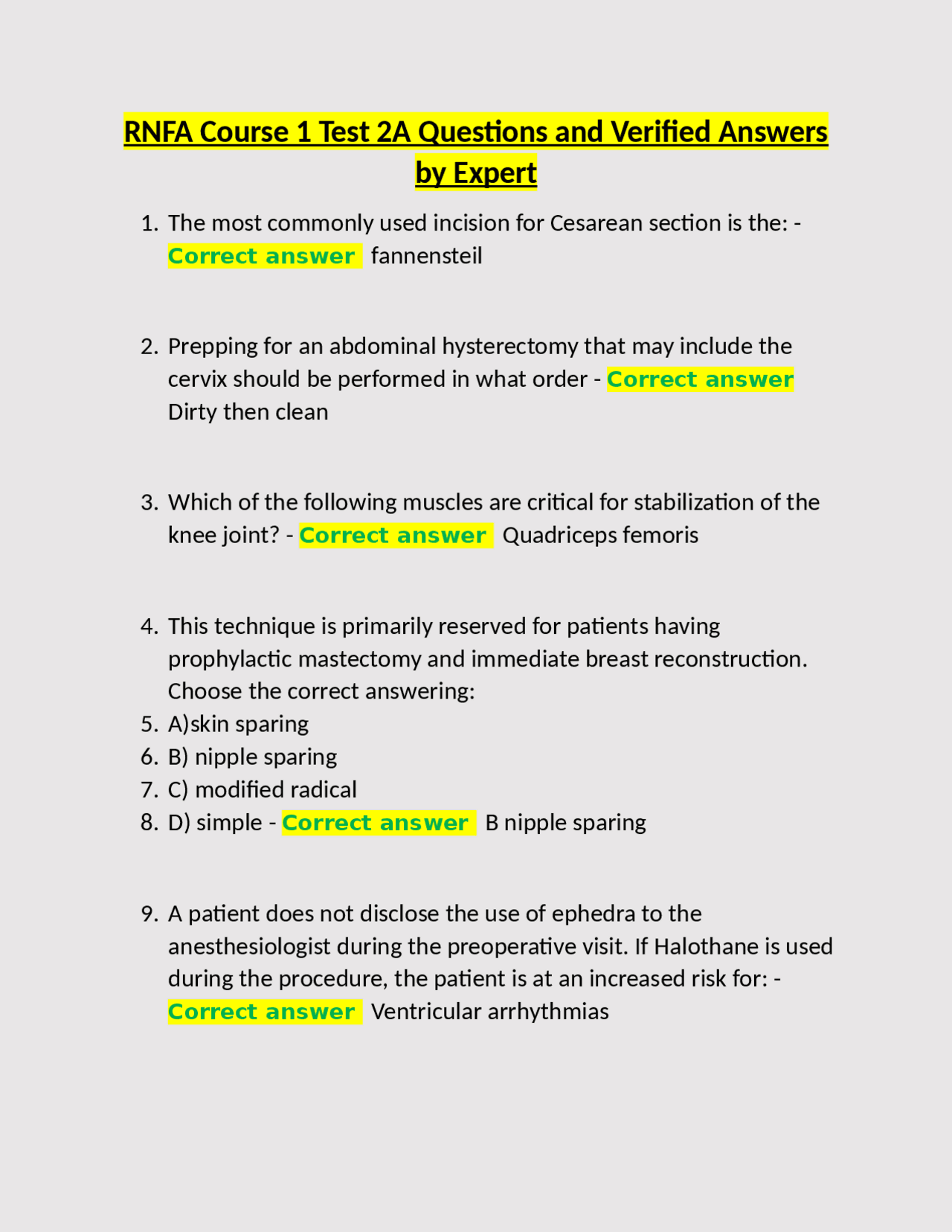 RNFA Course 1 Test 2A: Questions and Verified Answers | Exams Nursing ...