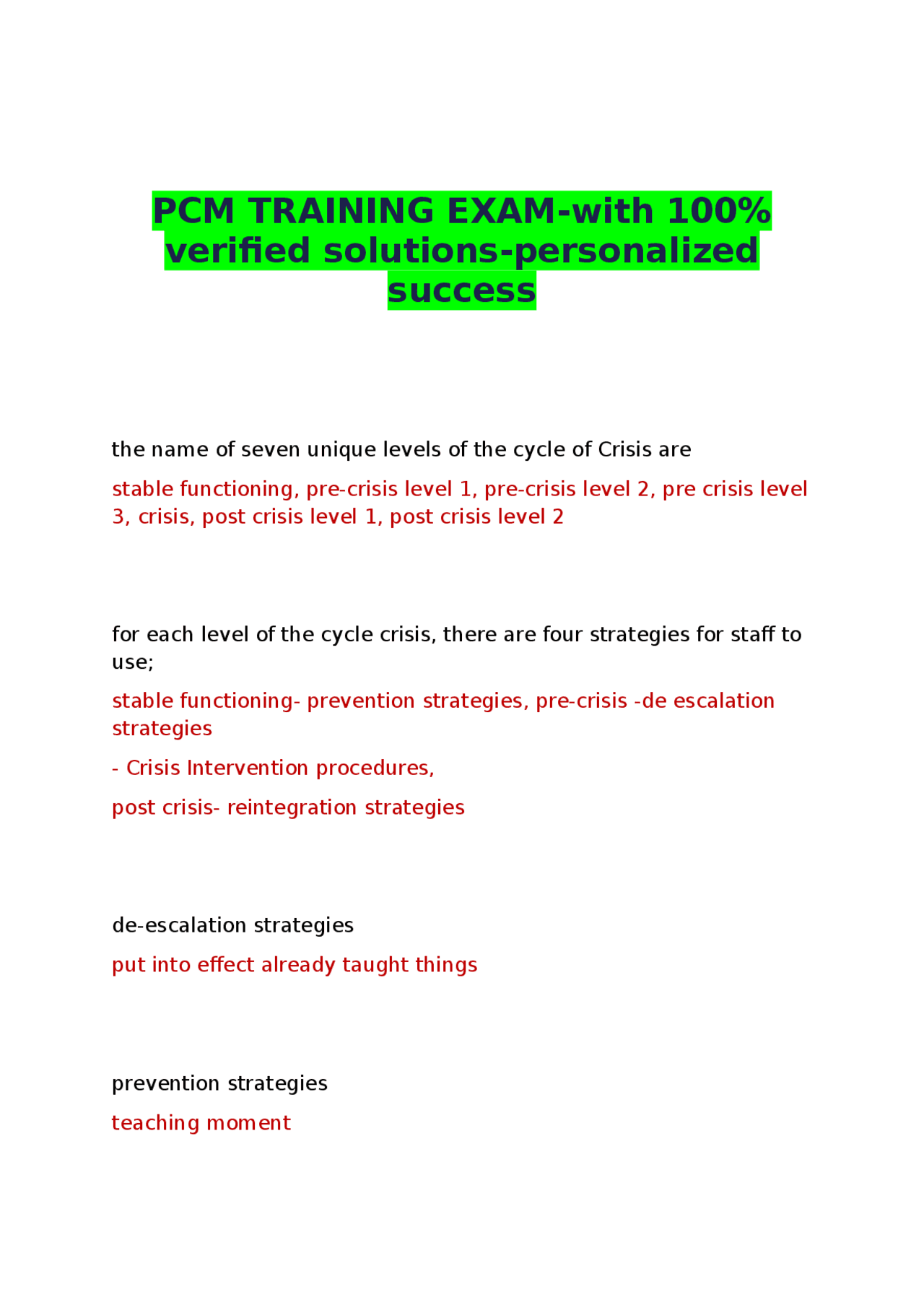 PCM TRAINING EXAM-with 100% verified solutions-personalized success ...