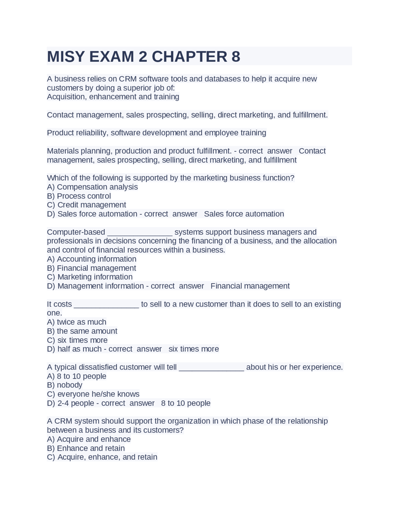 MISY Exam 2 Chapter 8: CRM and Business Functions | Exams Nursing | Docsity