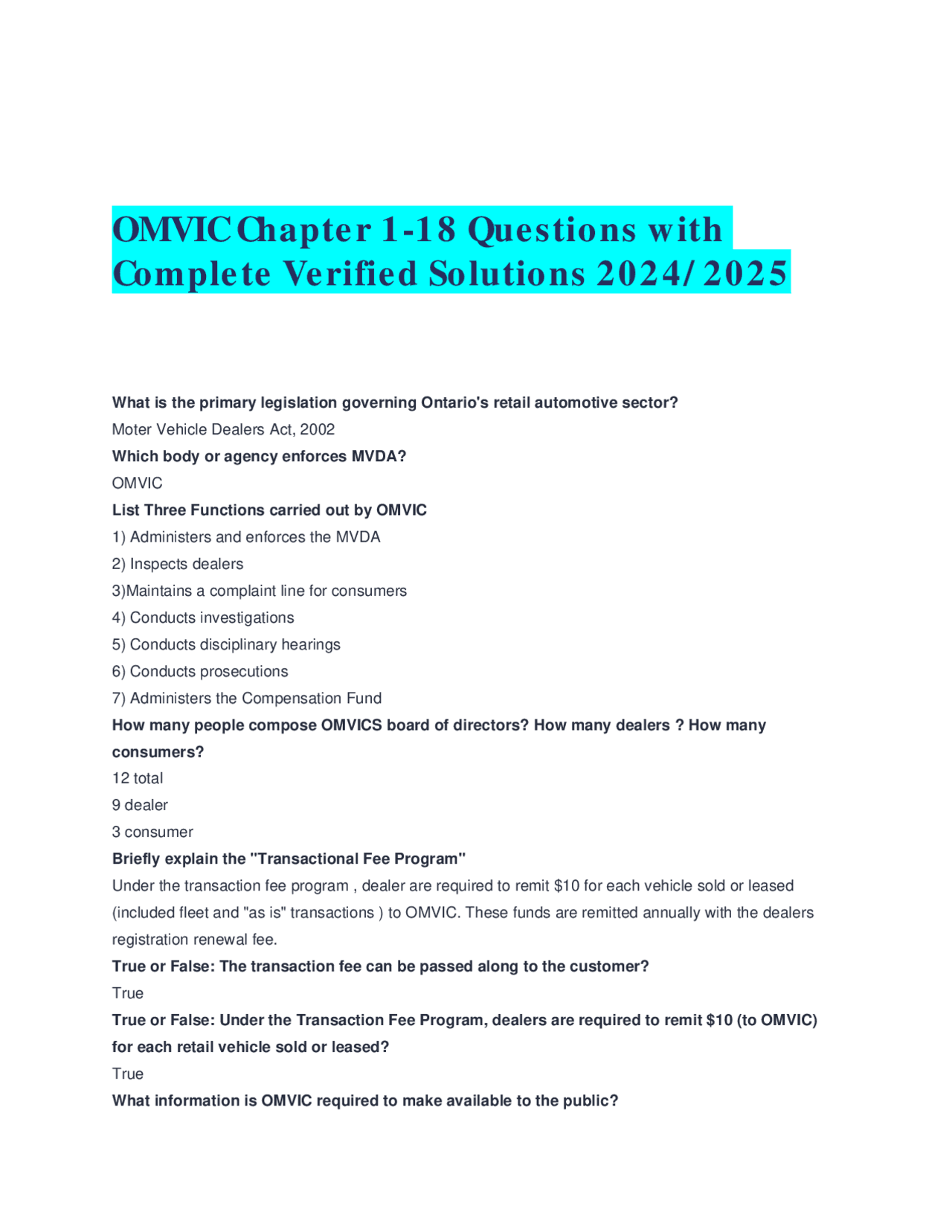 OMVIC Chapter 1-18 Questions with Complete Verified Solutions 2024/2025 ...