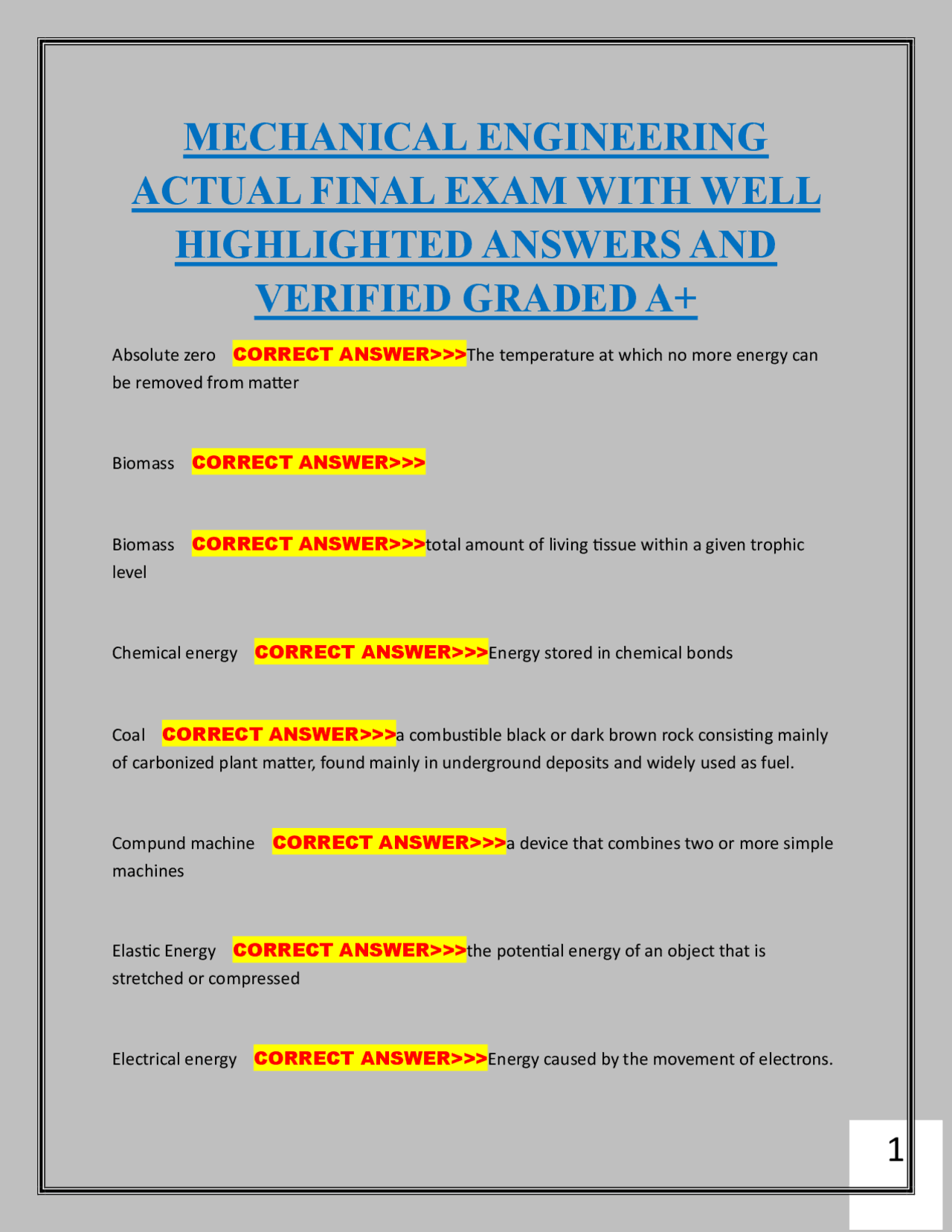 Mechanical Engineering: Final Exam Review with Answers | Exams Nursing ...