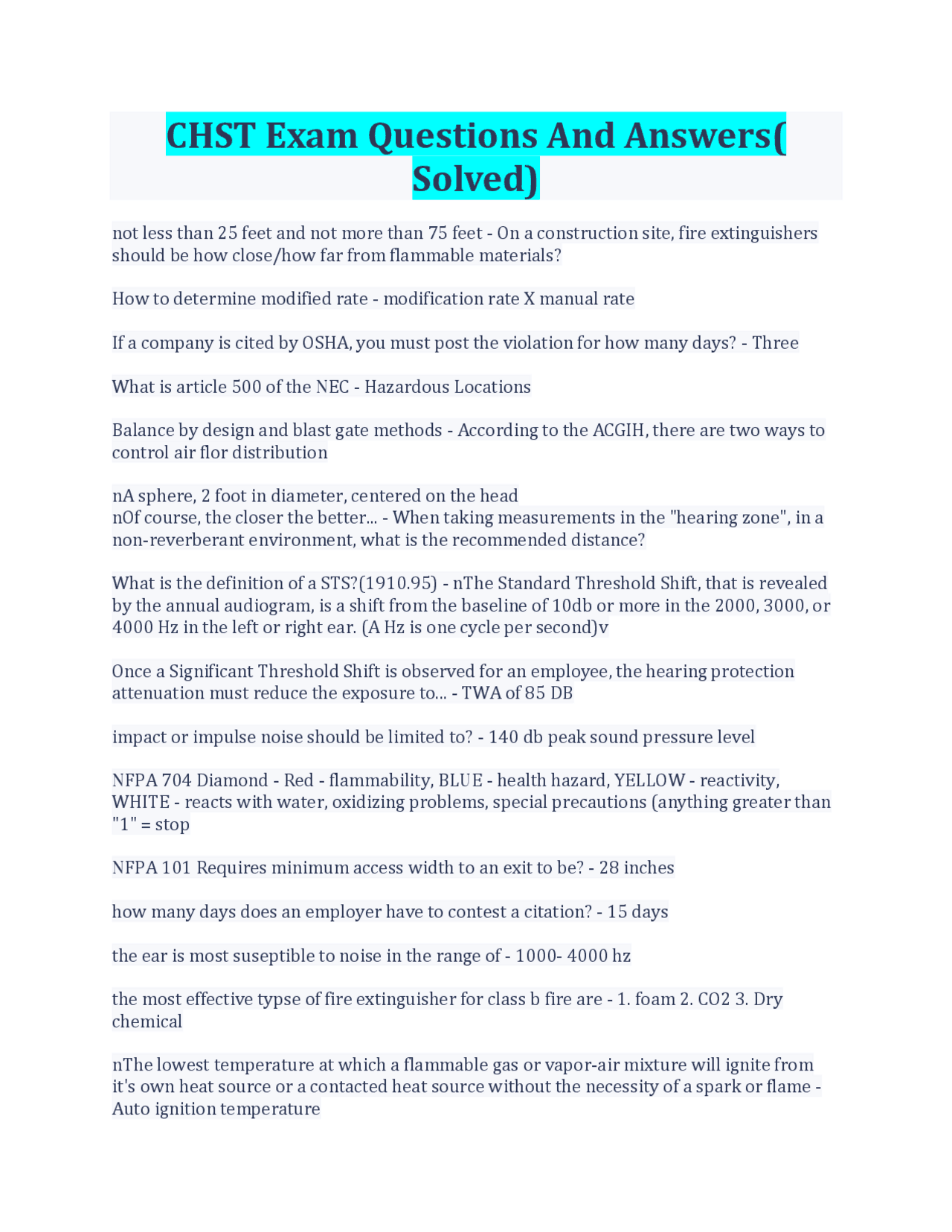 CHST Exam Questions and Answers: Safety and Health in the Workplace ...