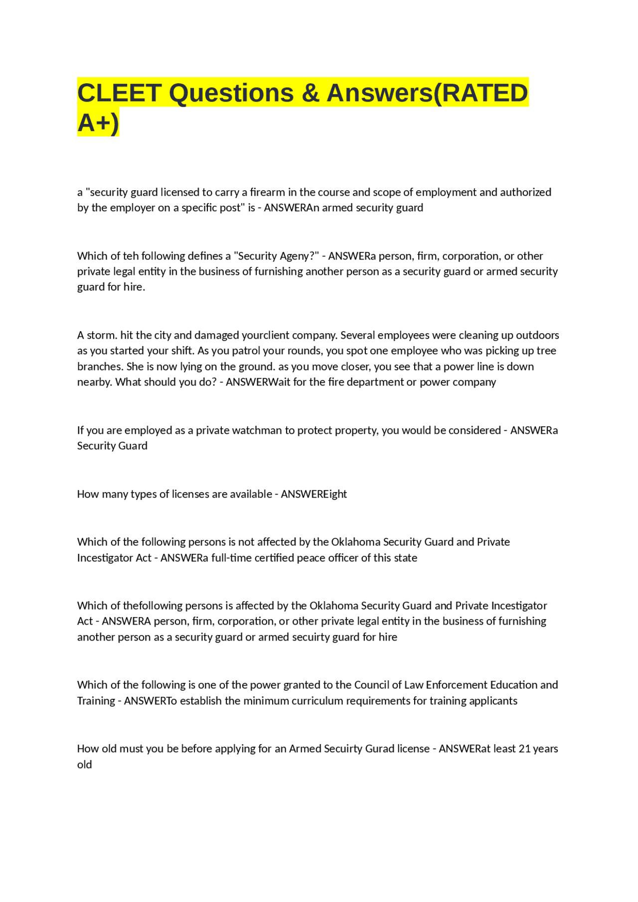 CLEET Security Guard Exam Questions and Answers | Exams Law | Docsity