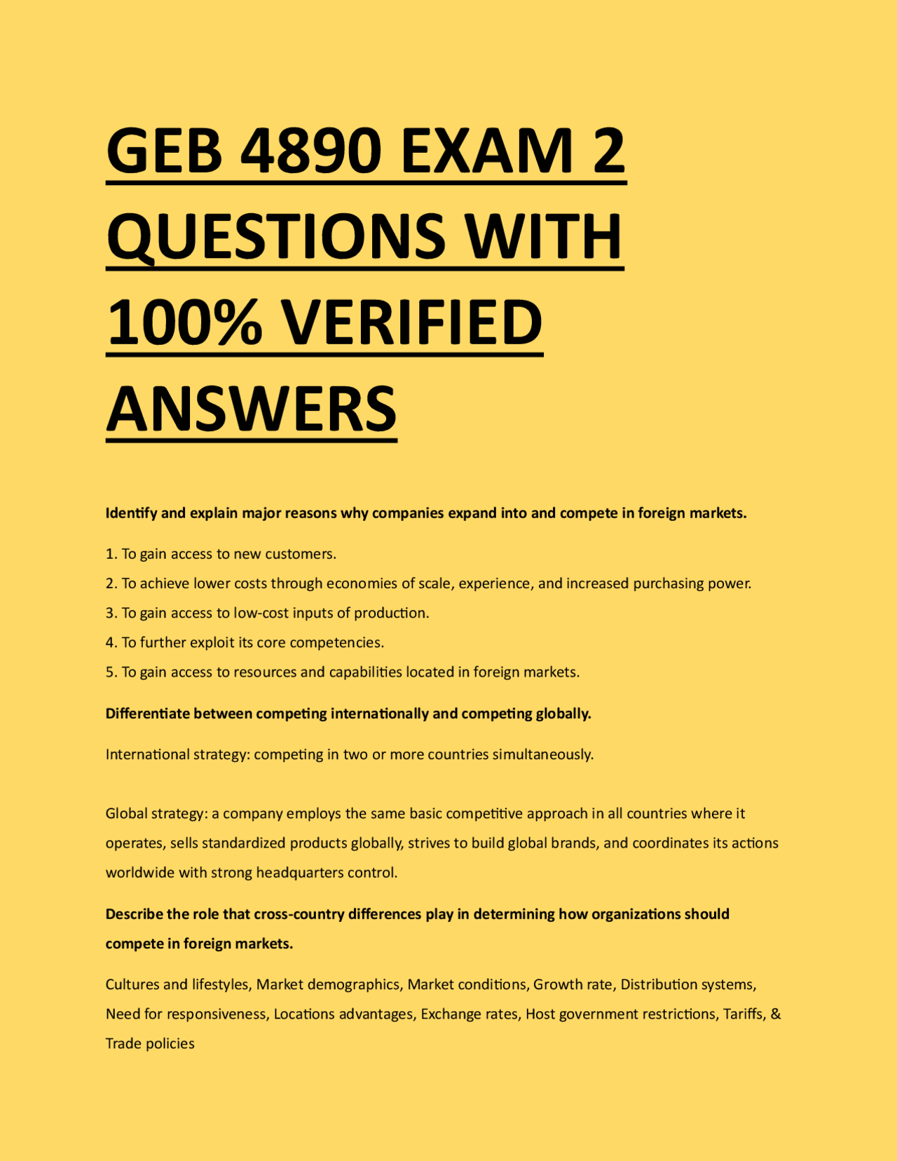 GEB 4890 EXAM 2 QUESTIONS WITH 100% VERIFIED ANSWERS | Exams Business Administration | Docsity