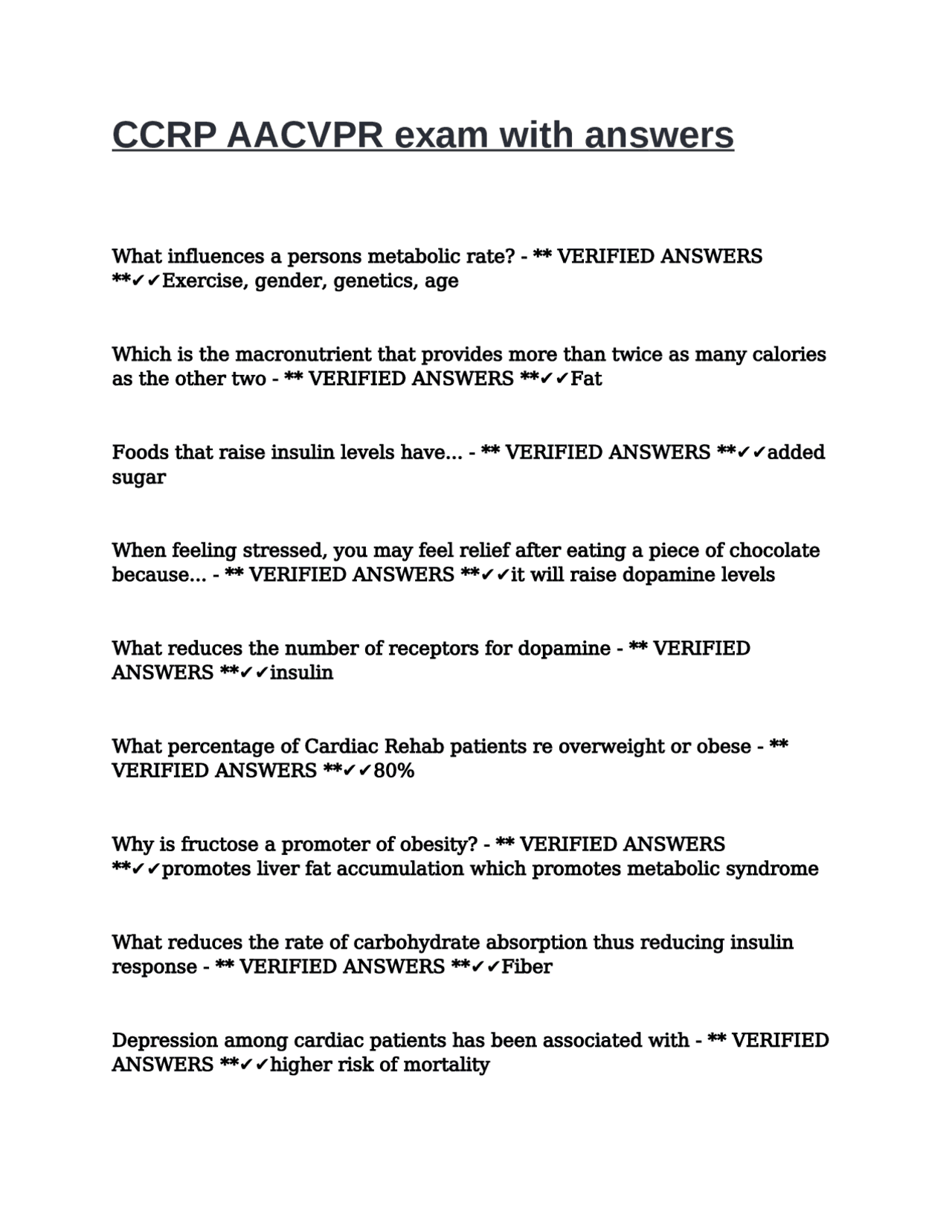 CCRP AACVPR Exam Questions and Answers | Exams Nursing | Docsity