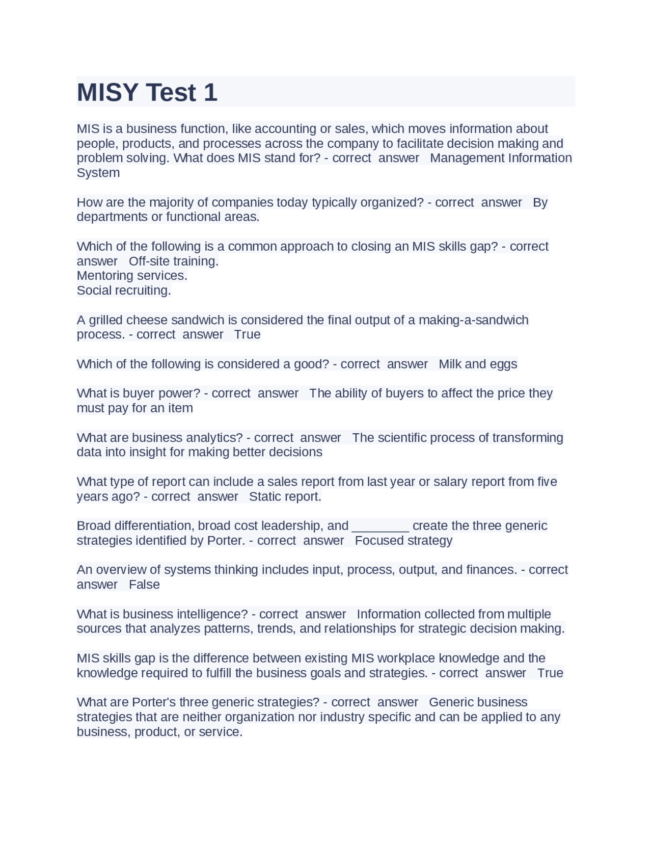 MIS Test 1: Management Information Systems Quiz | Exams Nursing | Docsity