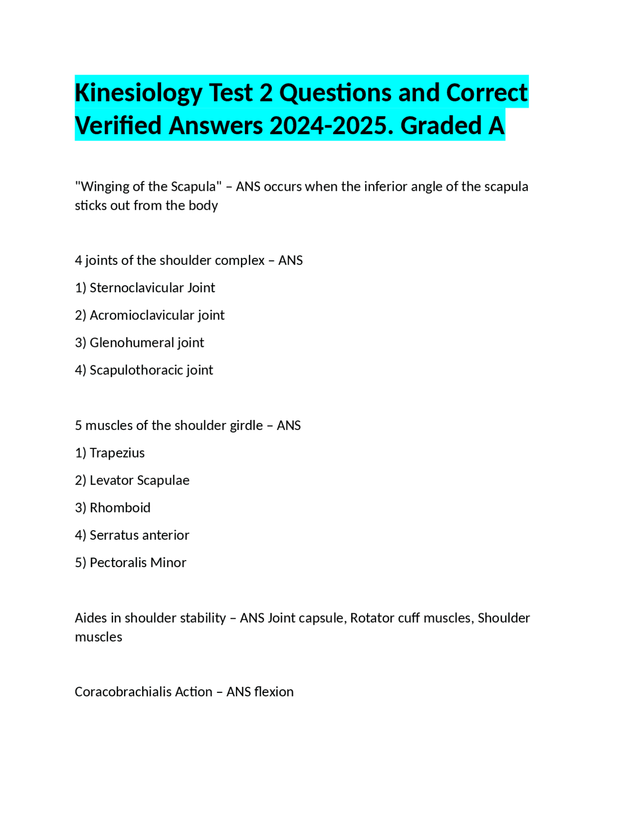Kinesiology Test 2 Questions and Correct Verified Answers 2024-2025 ...