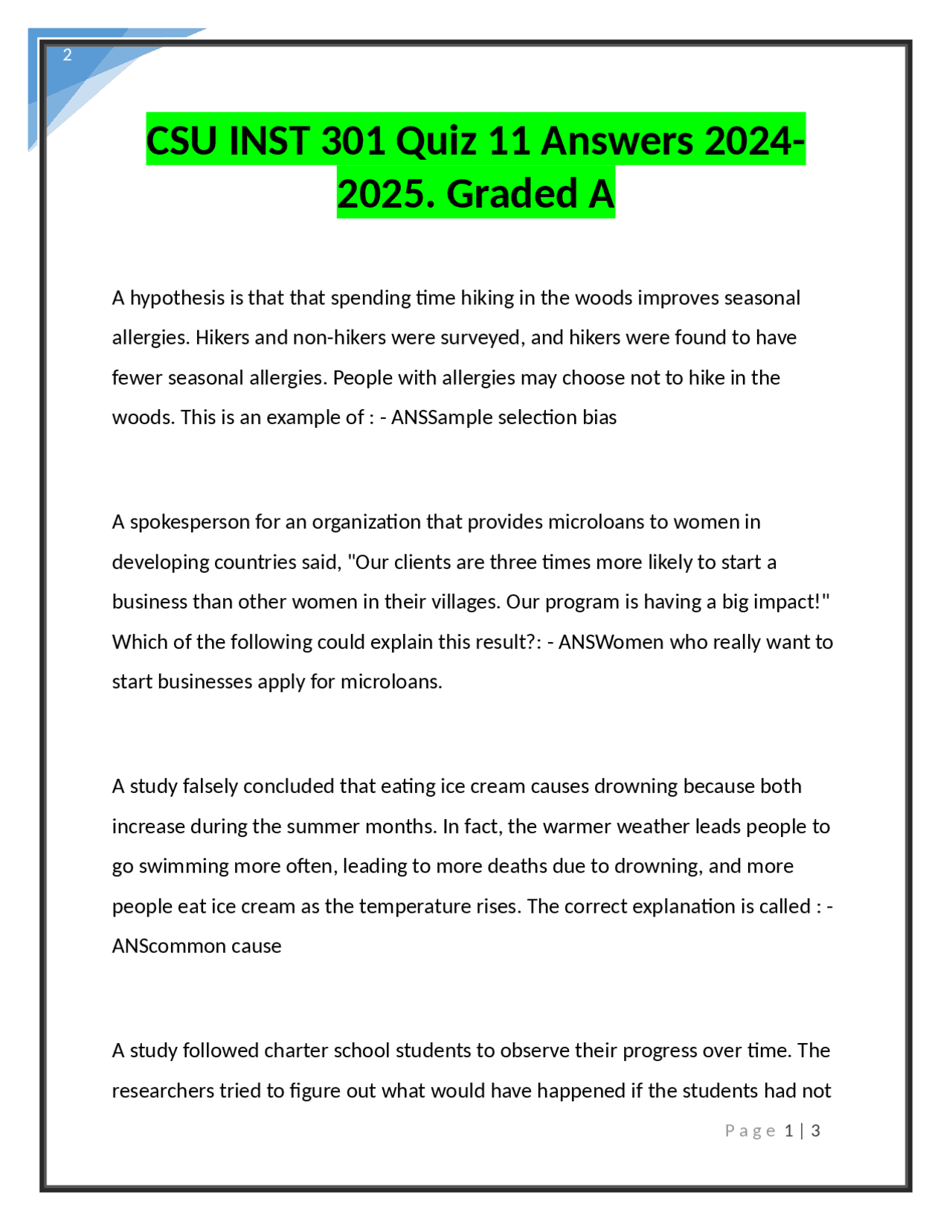 CSU INST 301 Quiz 11 Answers: Understanding Research Methods and Causation | Exams Physical ...