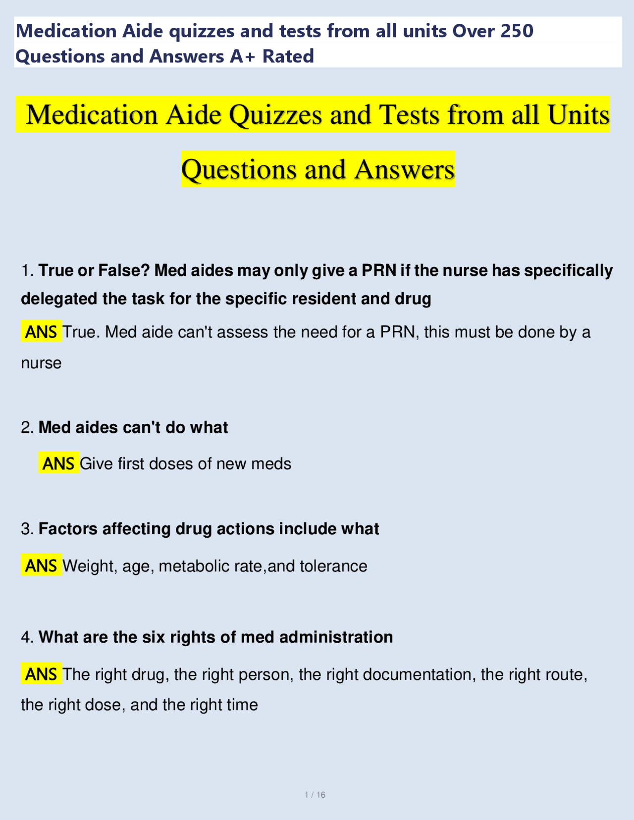 Medication Aide Quizzes and Tests: Over 250 Questions and Answers ...