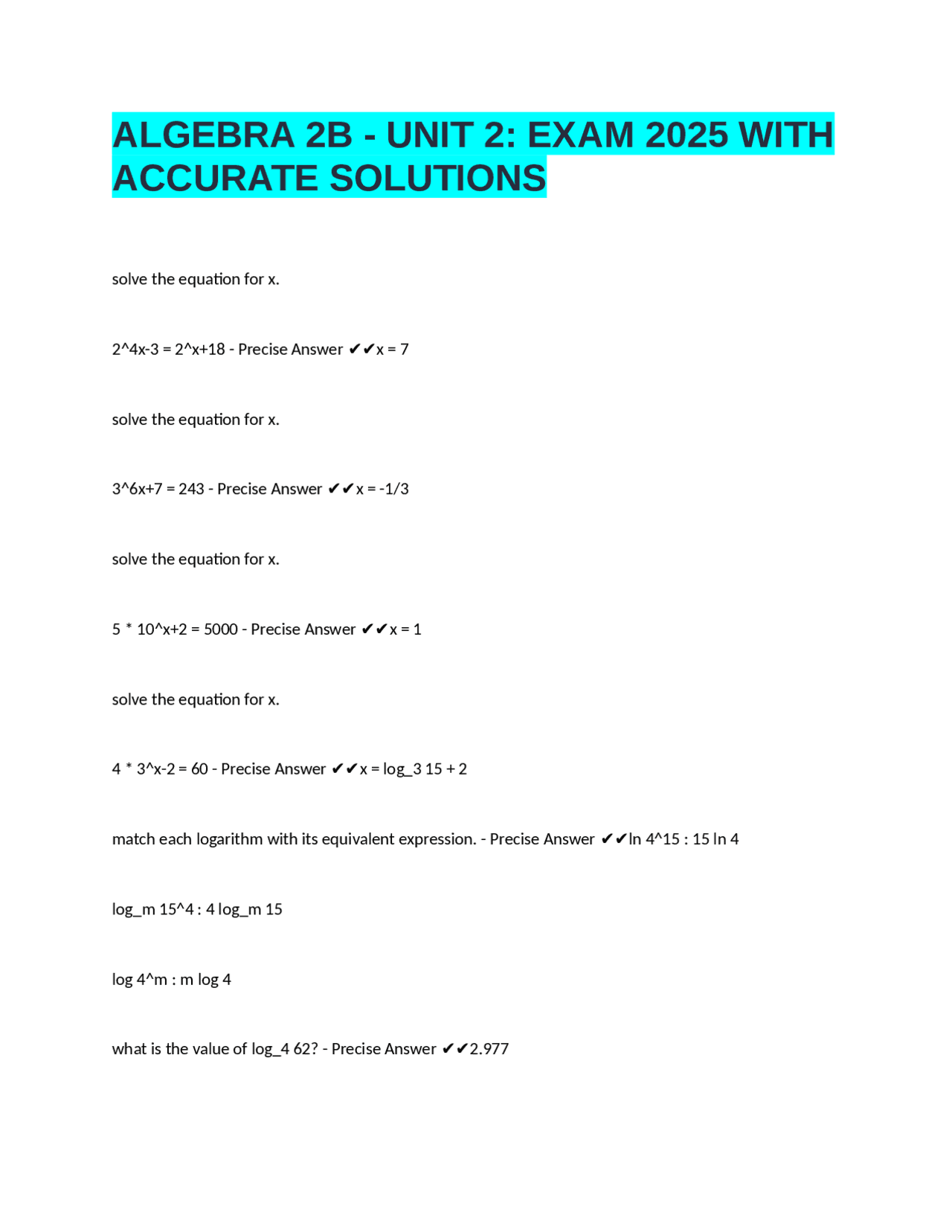 Algebra 2B - Unit 2: Exam 2025 with Accurate Solutions | Exams Nursing ...