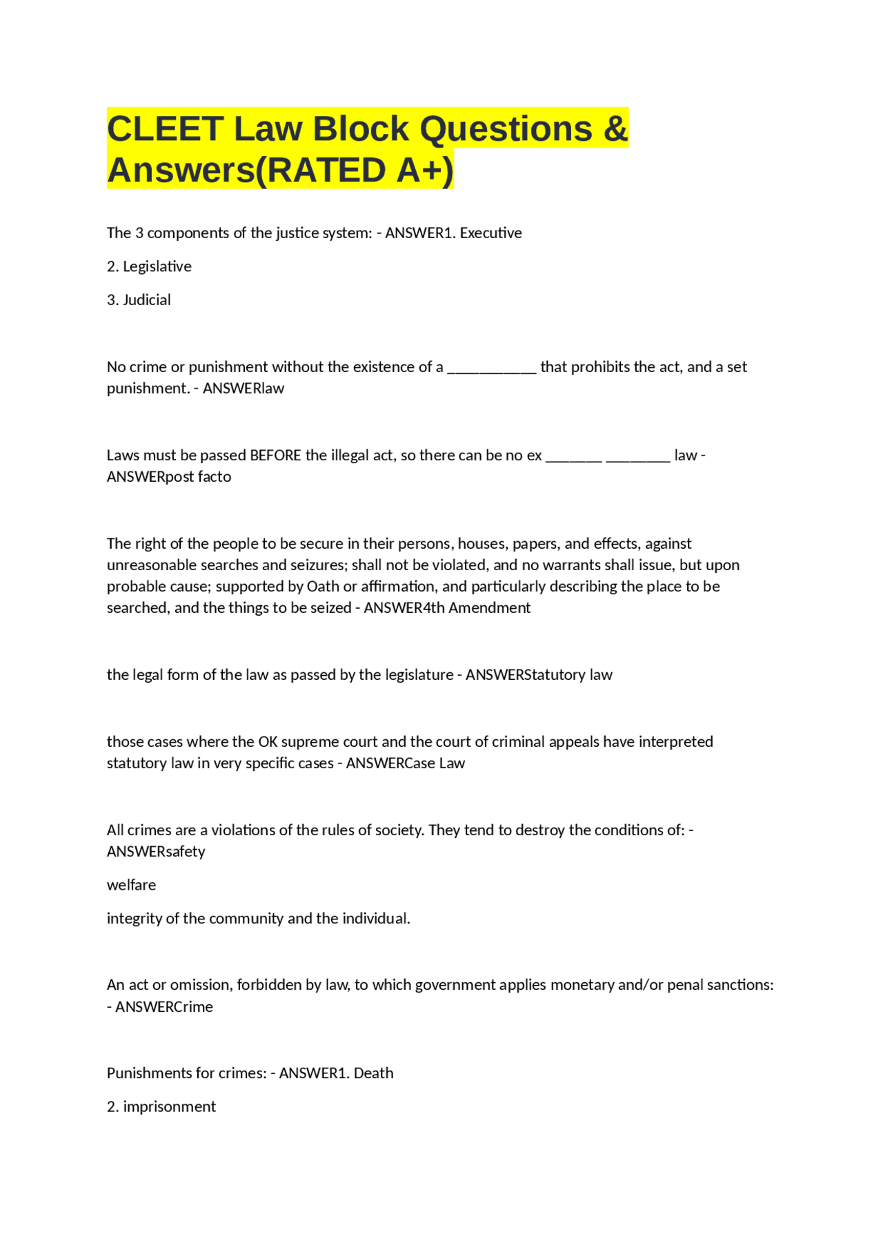 CLEET Law Block Questions & Answers (RATED A+): A Guide to Oklahoma Law ...