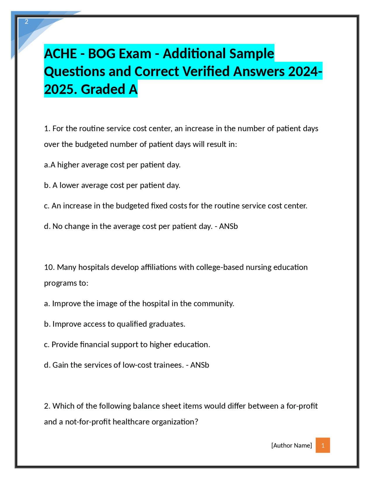 ACHE - BOG Exam - Additional Sample Questions and Correct Verified ...