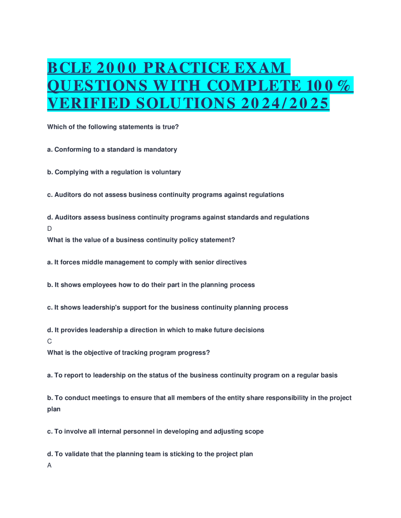 BCLE 2000 PRACTICE EXAM QUESTIONS WITH COMPLETE 100% VERIFIED SOLUTIONS ...
