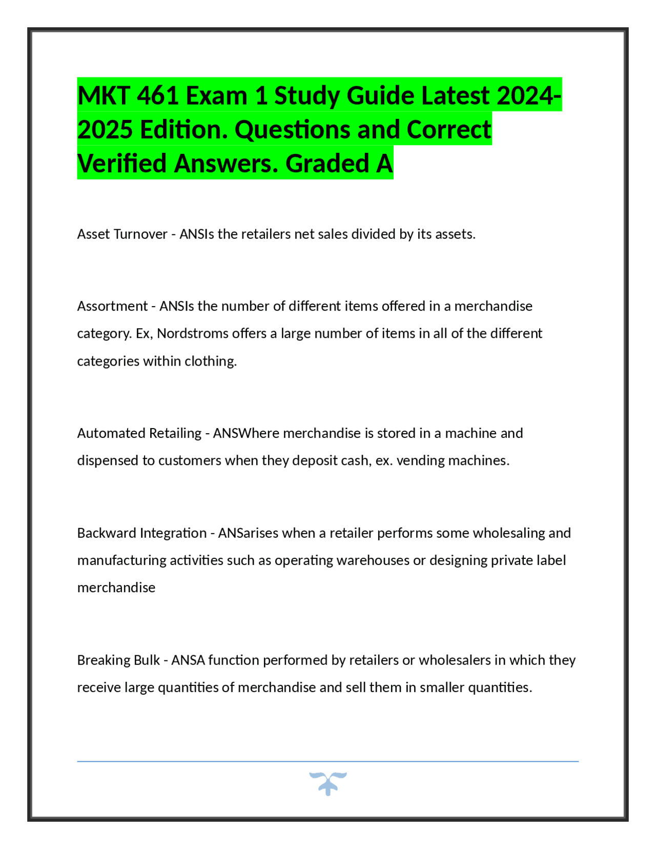 MKT 461 Exam 1 Study Guide: Retailing Concepts and Definitions | Exams ...