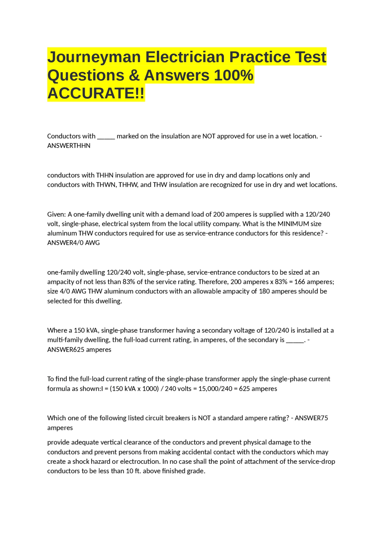 Journeyman Electrician Practice Test Questions & Answers 100% ACCURATE ...