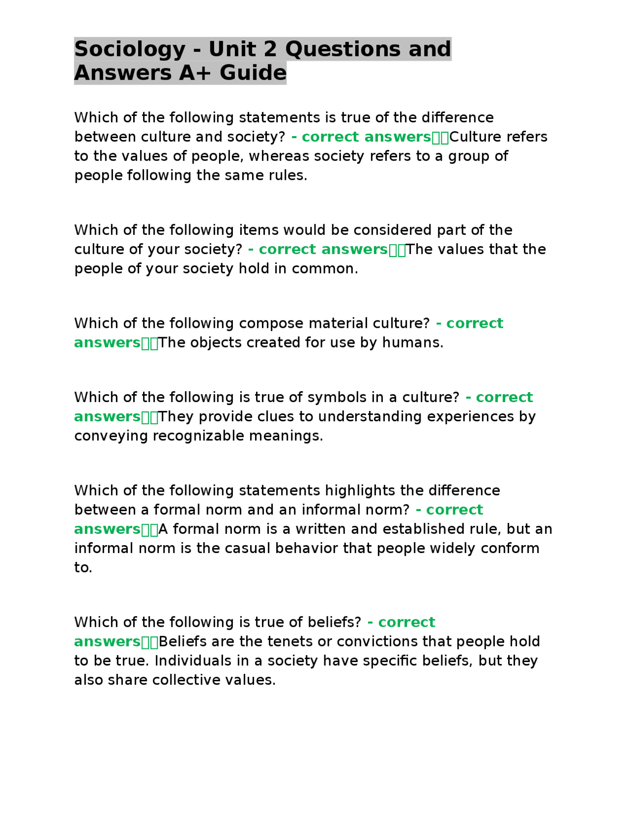 Sociology - Unit 2 Questions and Answers A+ Guide | Exams Sociology ...