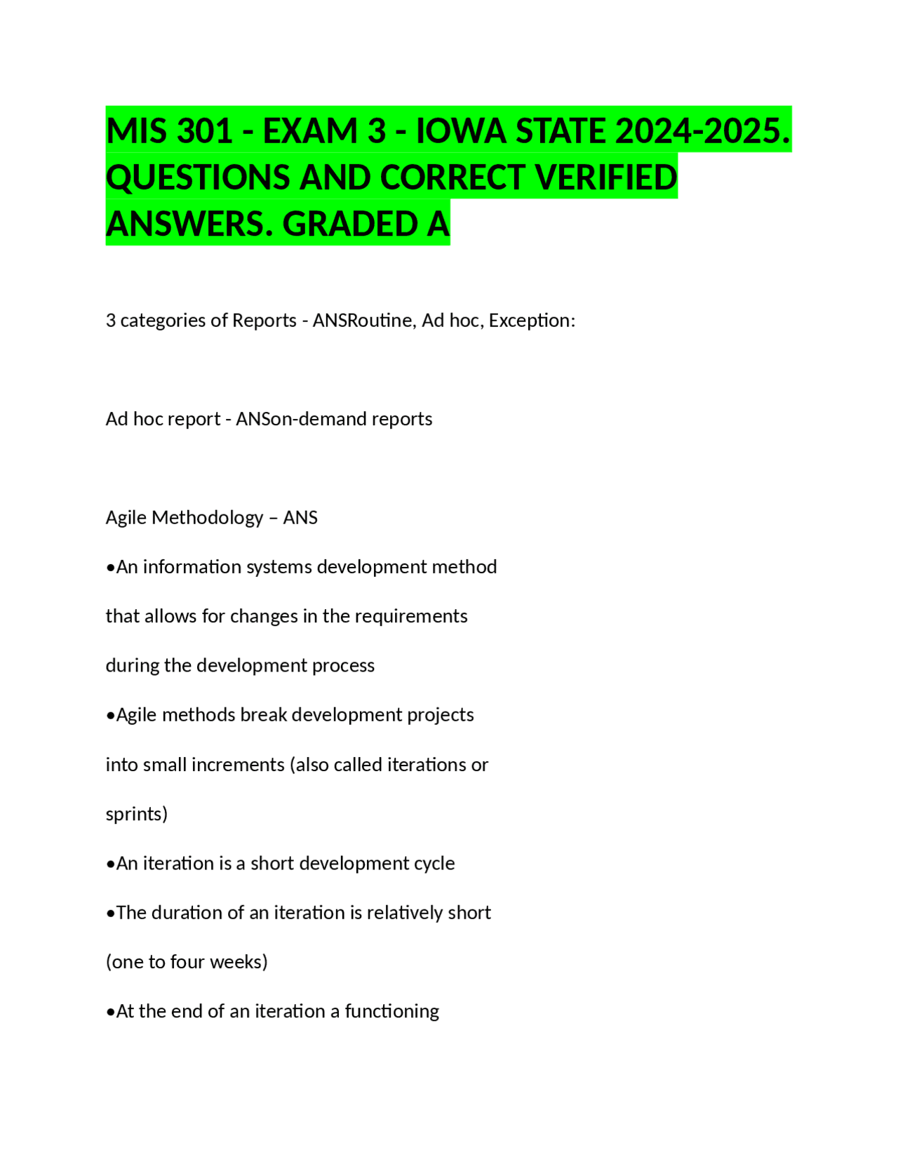 MIS 301 - EXAM 3 - IOWA STATE 2024-2025. QUESTIONS AND CORRECT VERIFIED ...