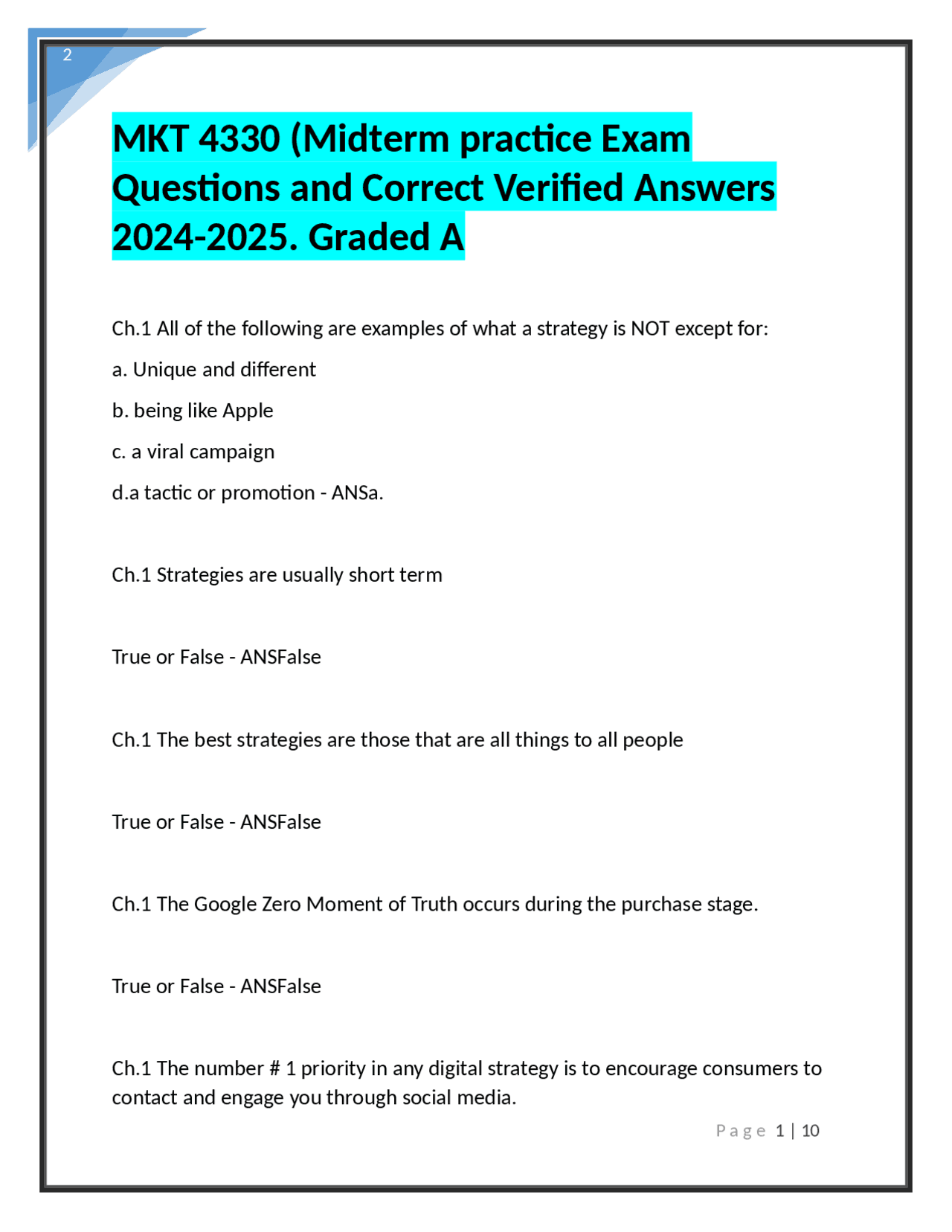 MKT 4330 (Midterm practice Exam Questions and Correct Verified Answers 2024-2025. Graded A ...