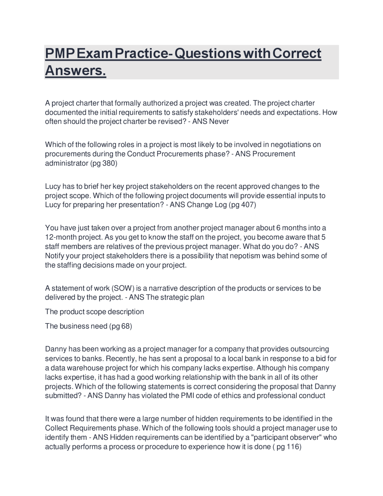 PMP Exam Practice- Questions with Correct Answers. | Exams Laboratory ...