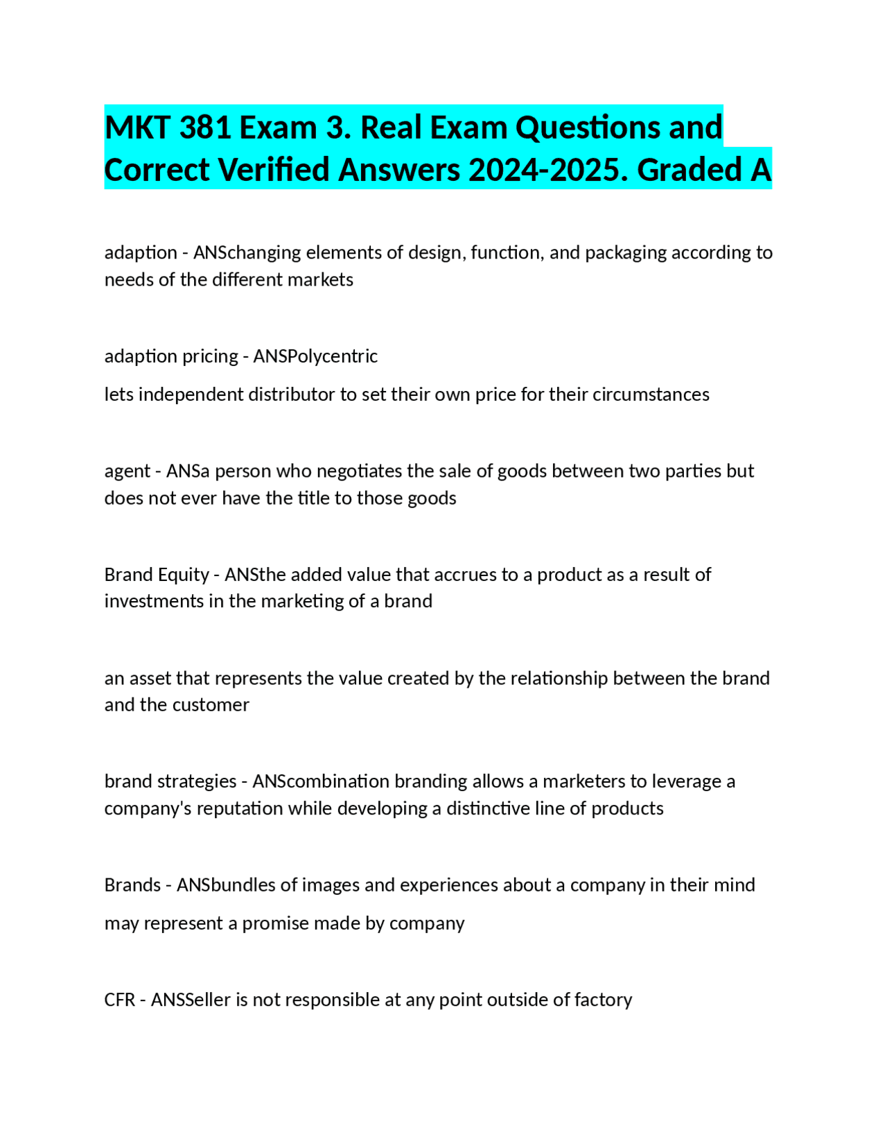 MKT 381 Exam 3: Global Marketing Concepts and Strategies | Exams Marketing | Docsity