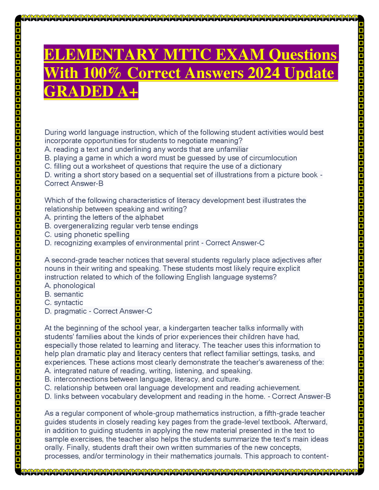 ELEMENTARY MTTC EXAM Questions and Answers: 2024 Update | Exams Nursing ...