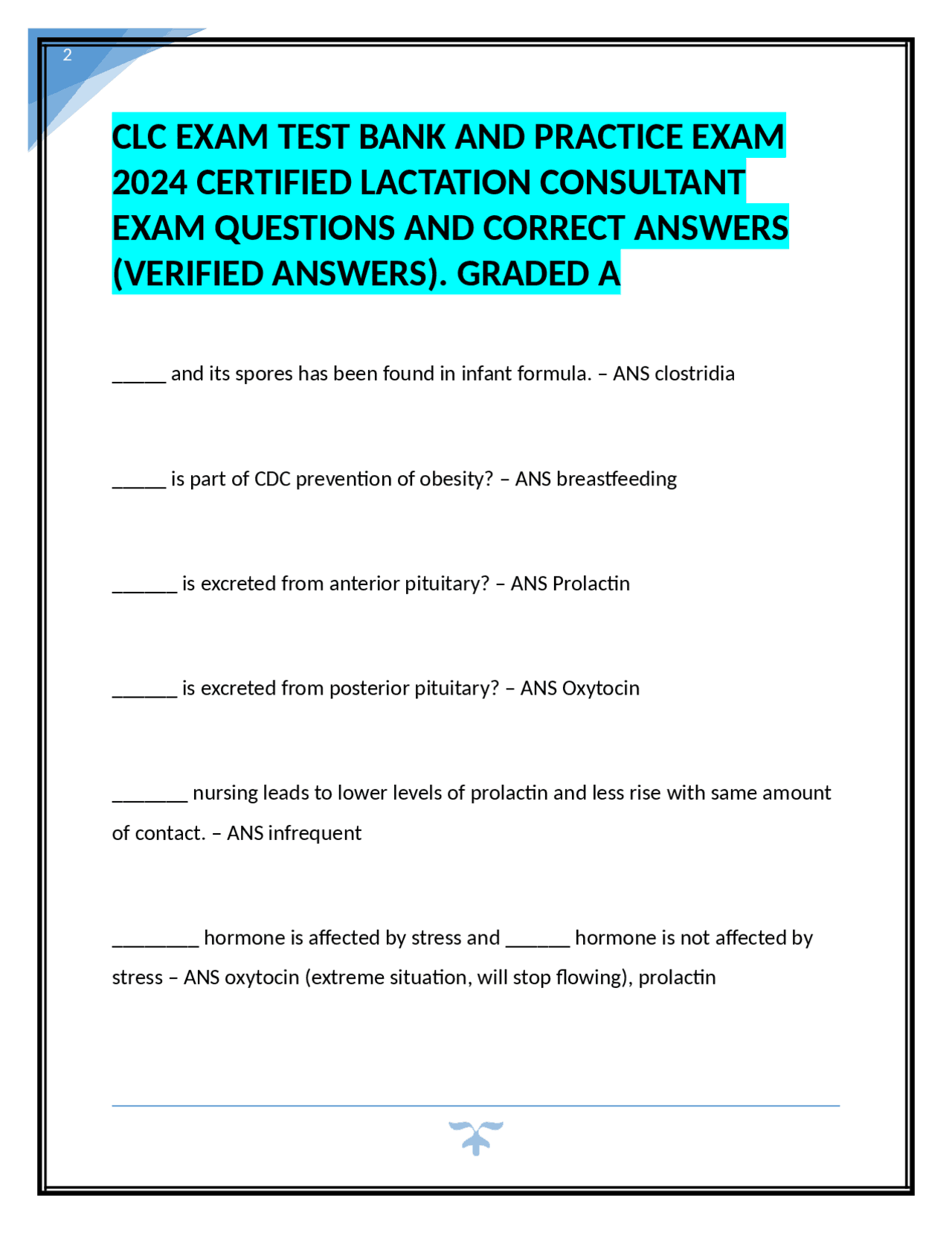 CLC EXAM TEST BANK AND PRACTICE EXAM 2024 CERTIFIED LACTATION ...