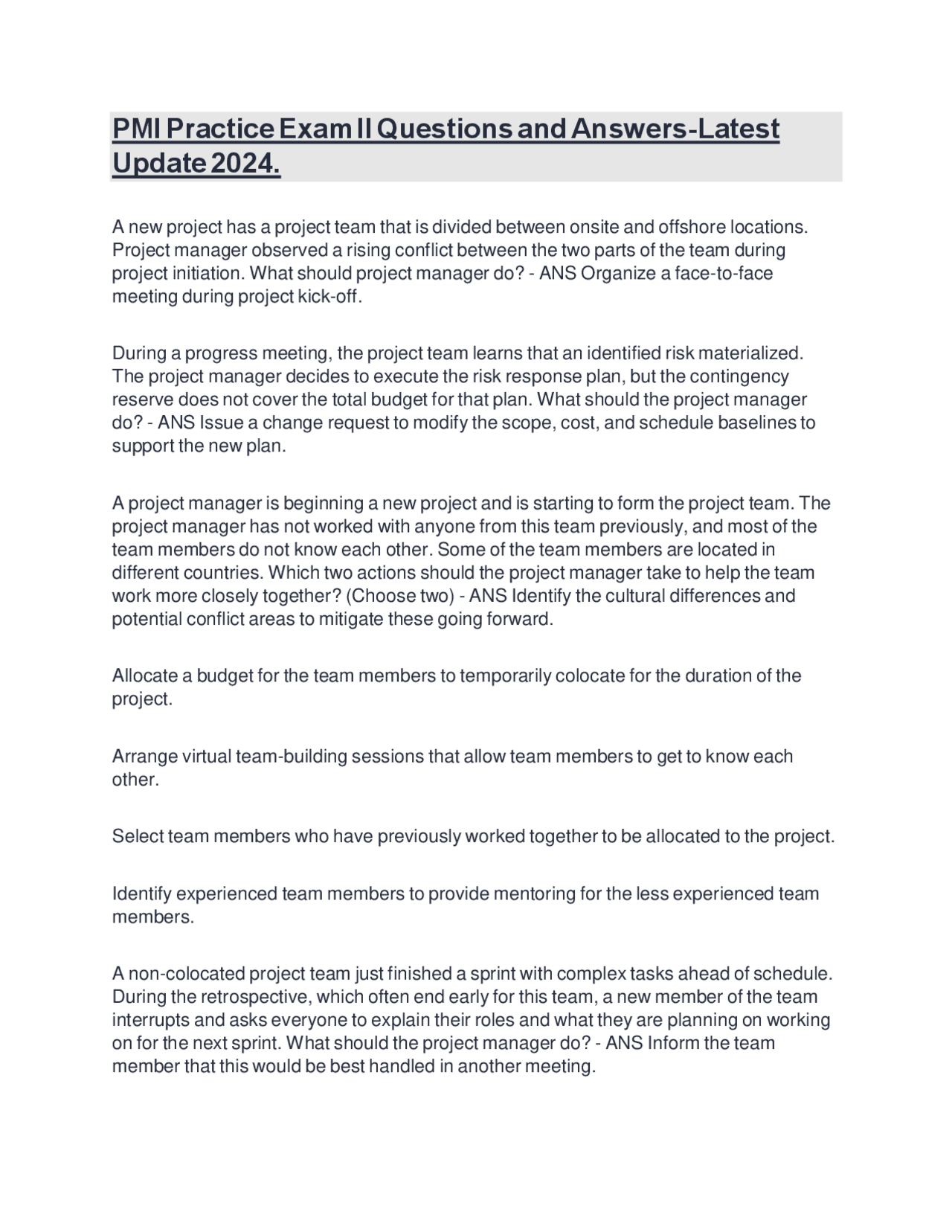 PMI Practice Exam II Questions and Answers-Latest Update 2024. | Exams ...