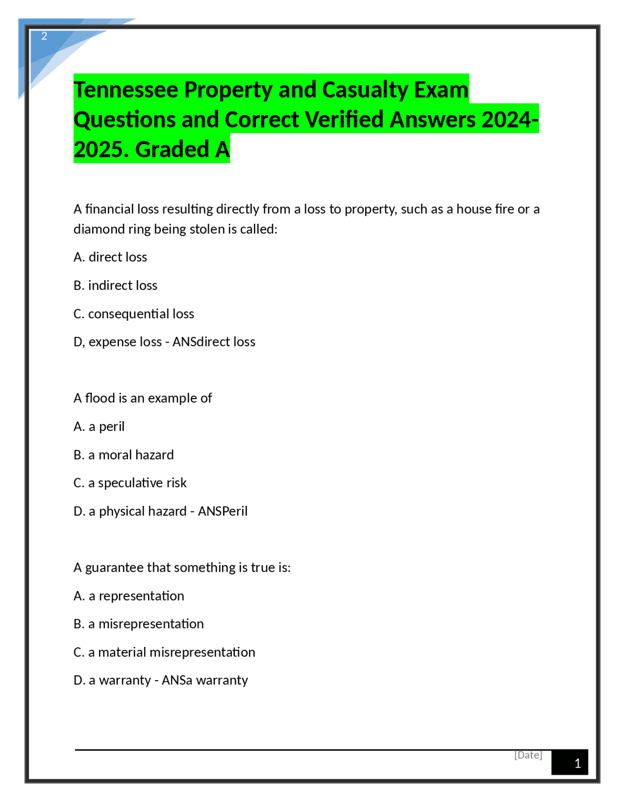 Tennessee Property and Casualty Exam Questions and Correct Verified ...