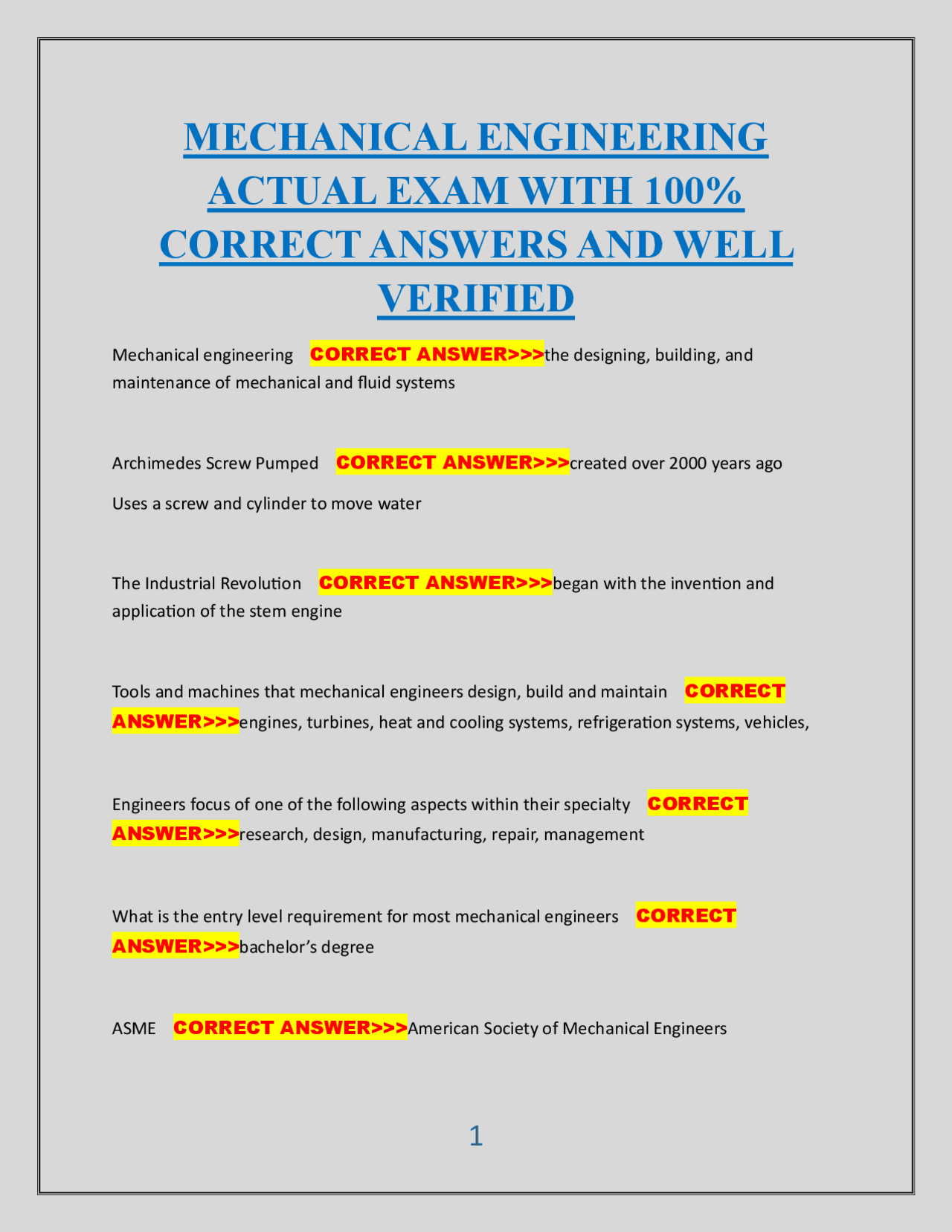 Mechanical Engineering Exam Questions and Answers | Exams Nursing | Docsity
