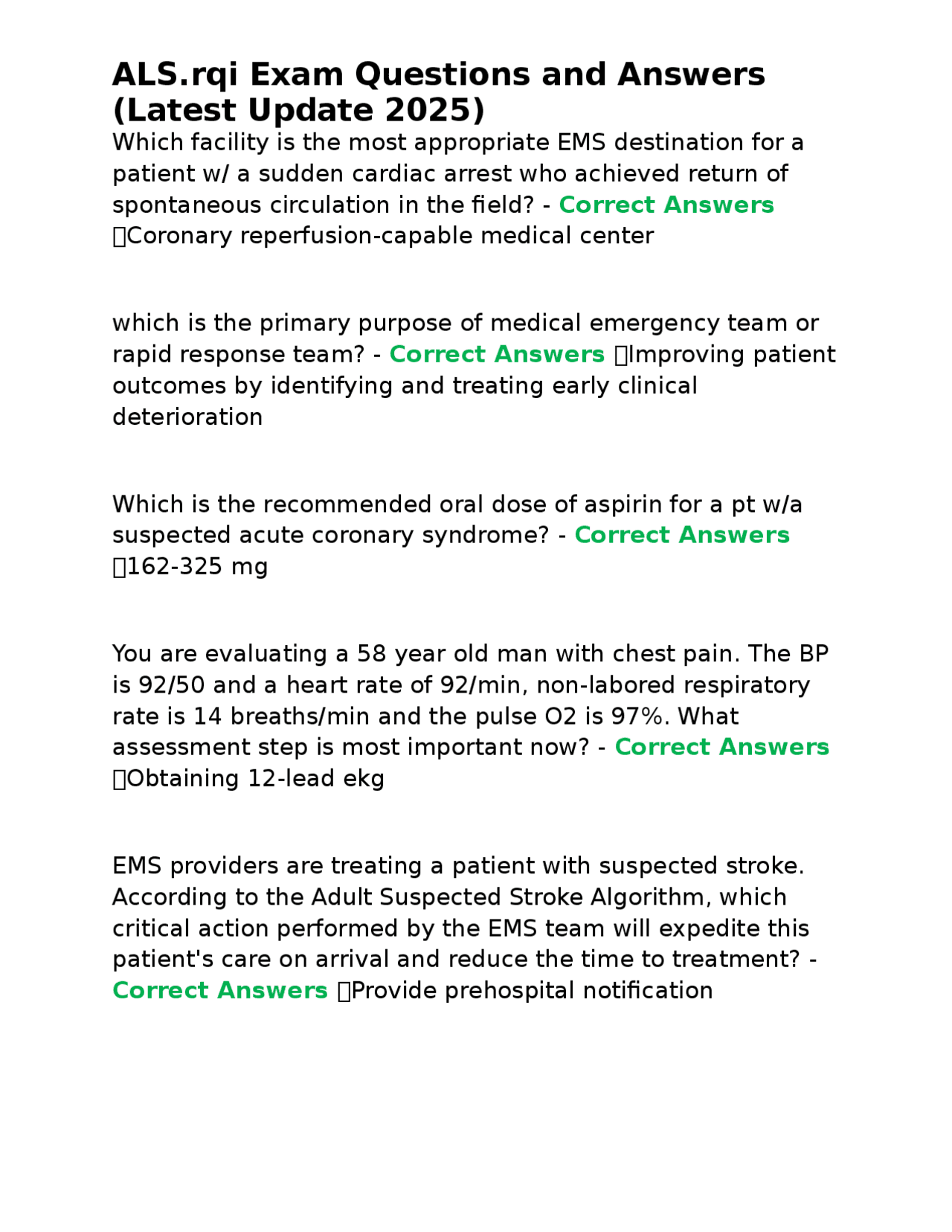 ALS.rqi Exam Questions and Answers (Latest Update 2025) | Exams Nursing ...