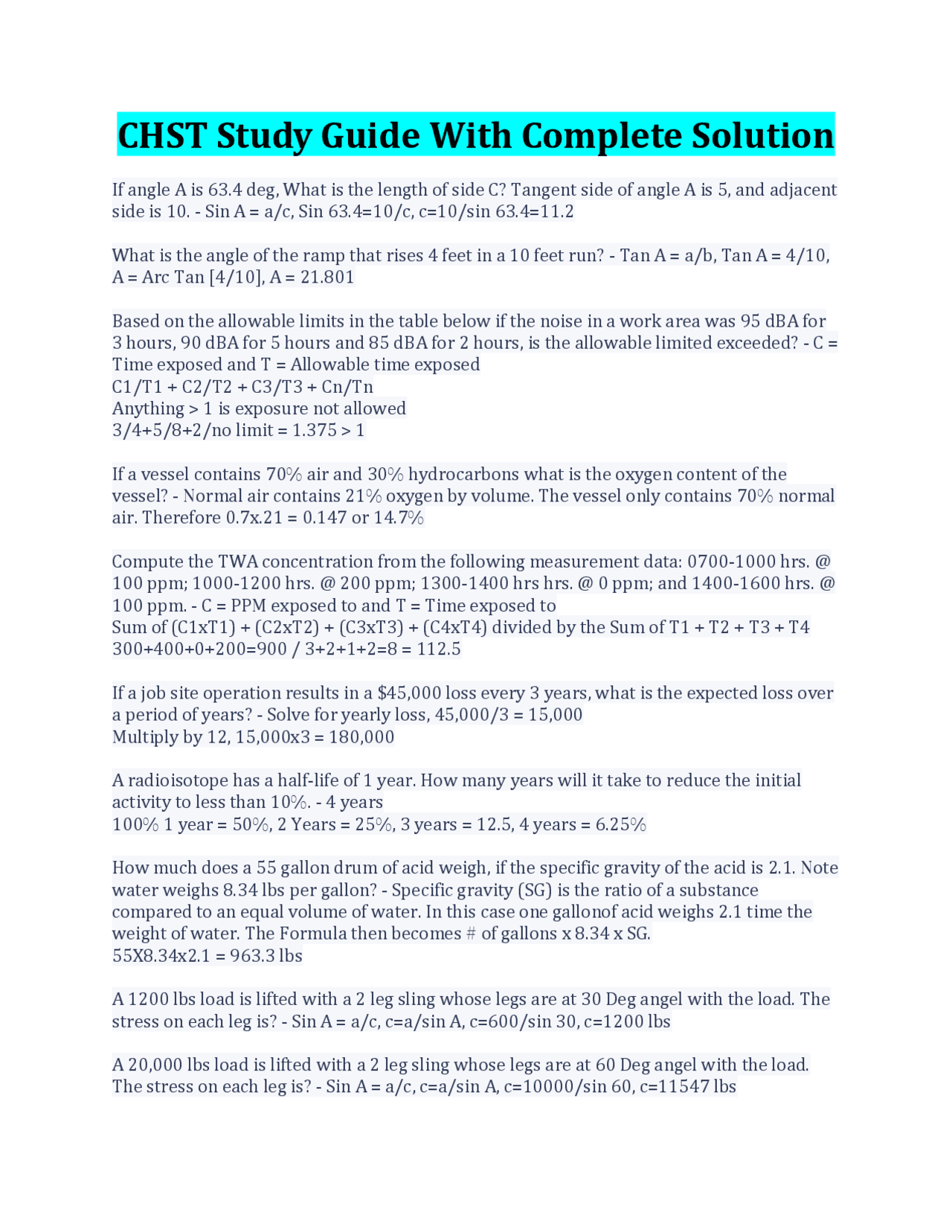 CHST Study Guide With Complete Solutions | Exams Advanced Education ...