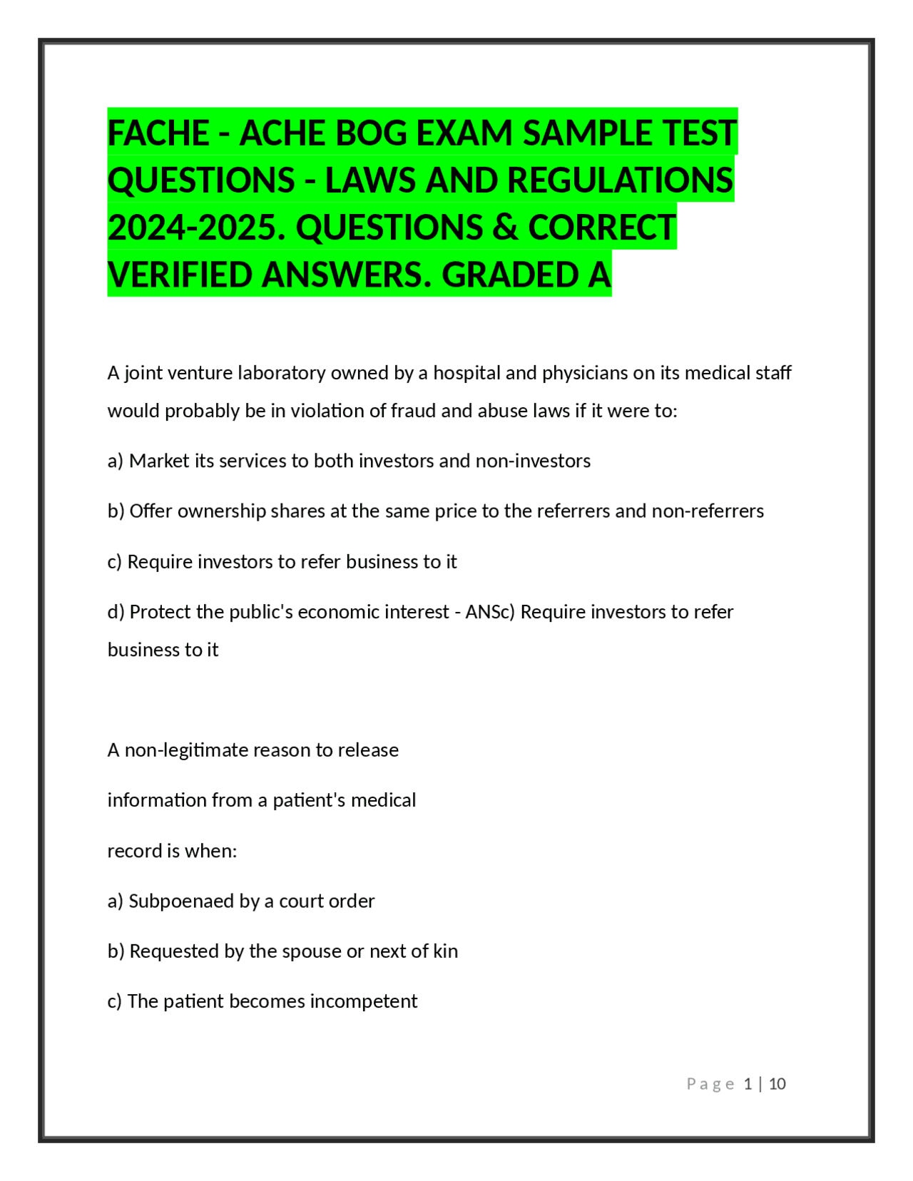 FACHE - ACHE BOG EXAM SAMPLE TEST QUESTIONS - LAWS AND REGULATIONS 2024 ...