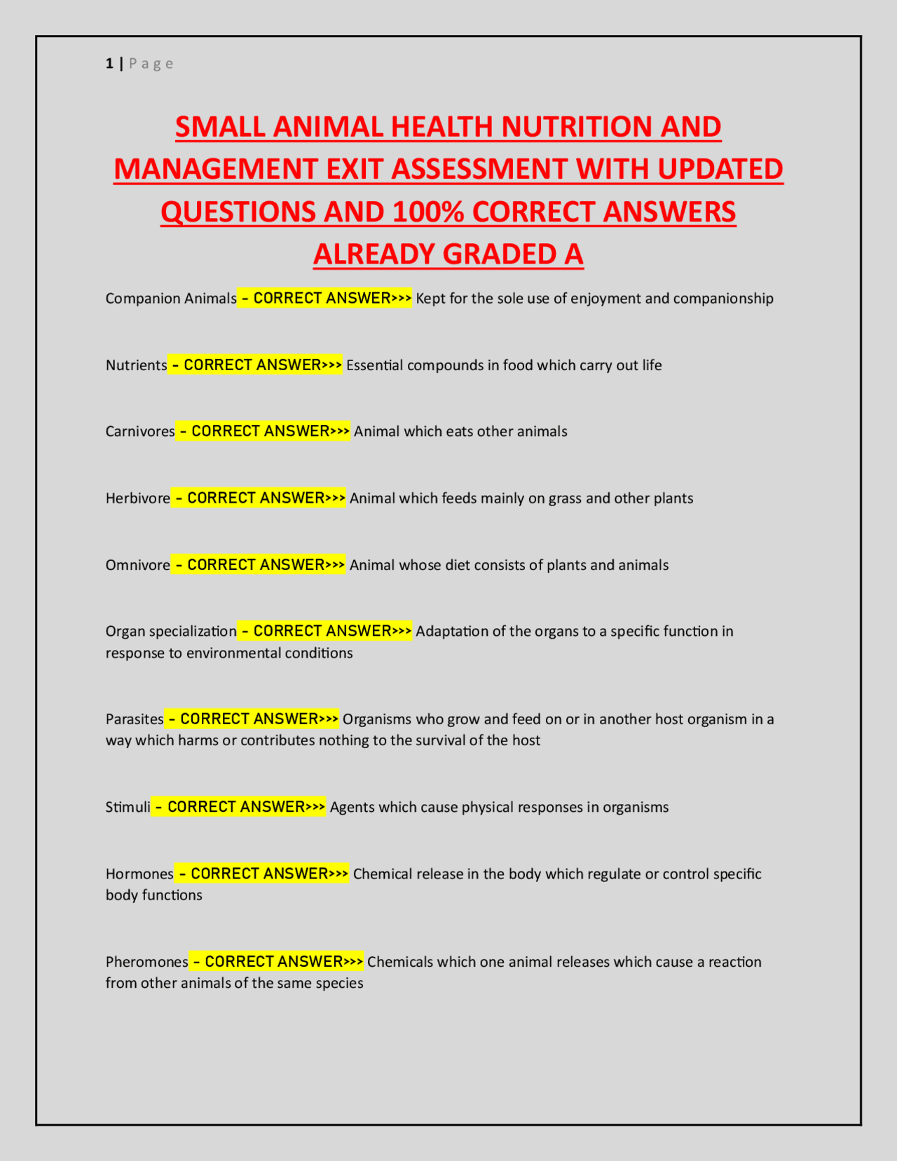 Small Animal Health Nutrition and Management Exit Assessment | Exams ...