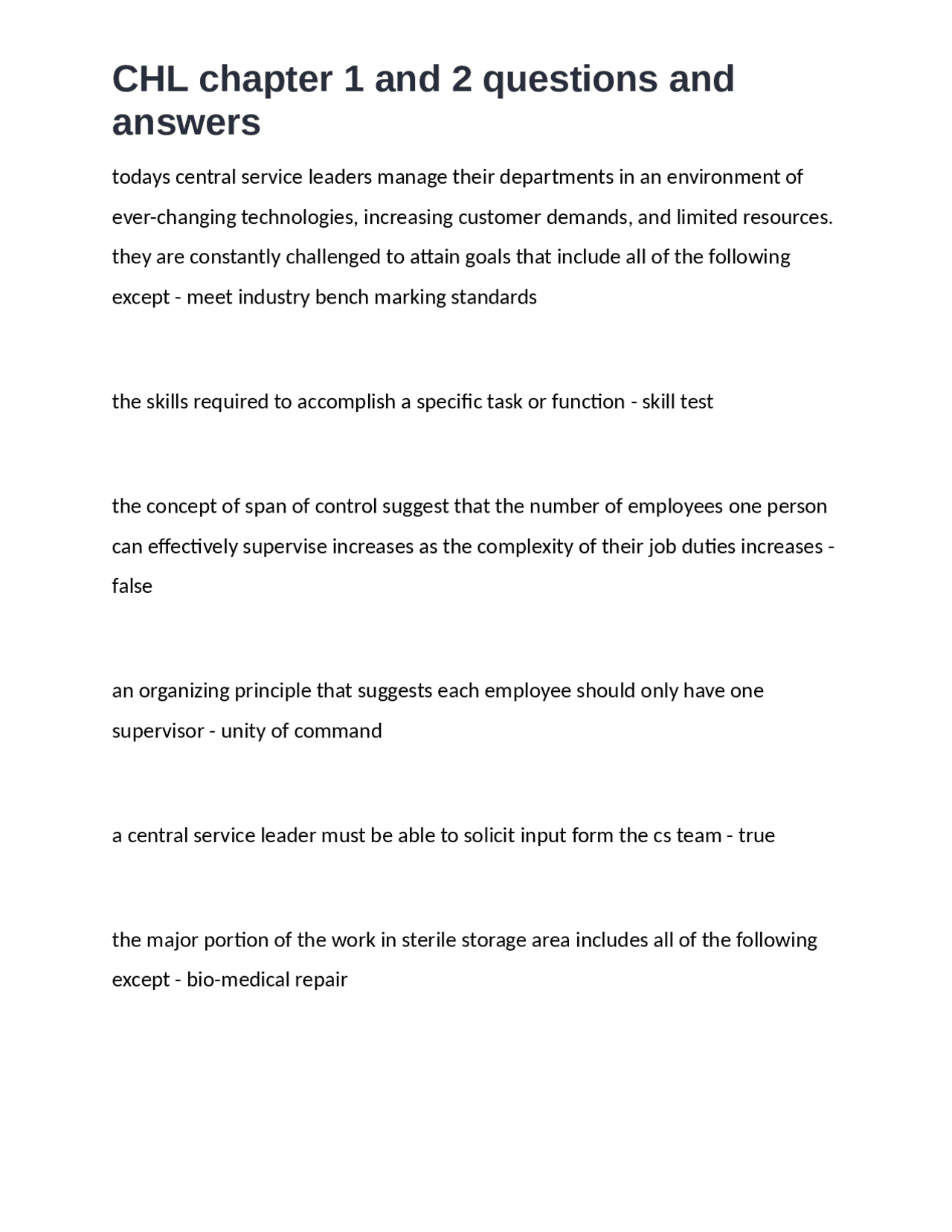Central Service Leadership (CHL) Chapter 1 and 2: Questions and Answers ...